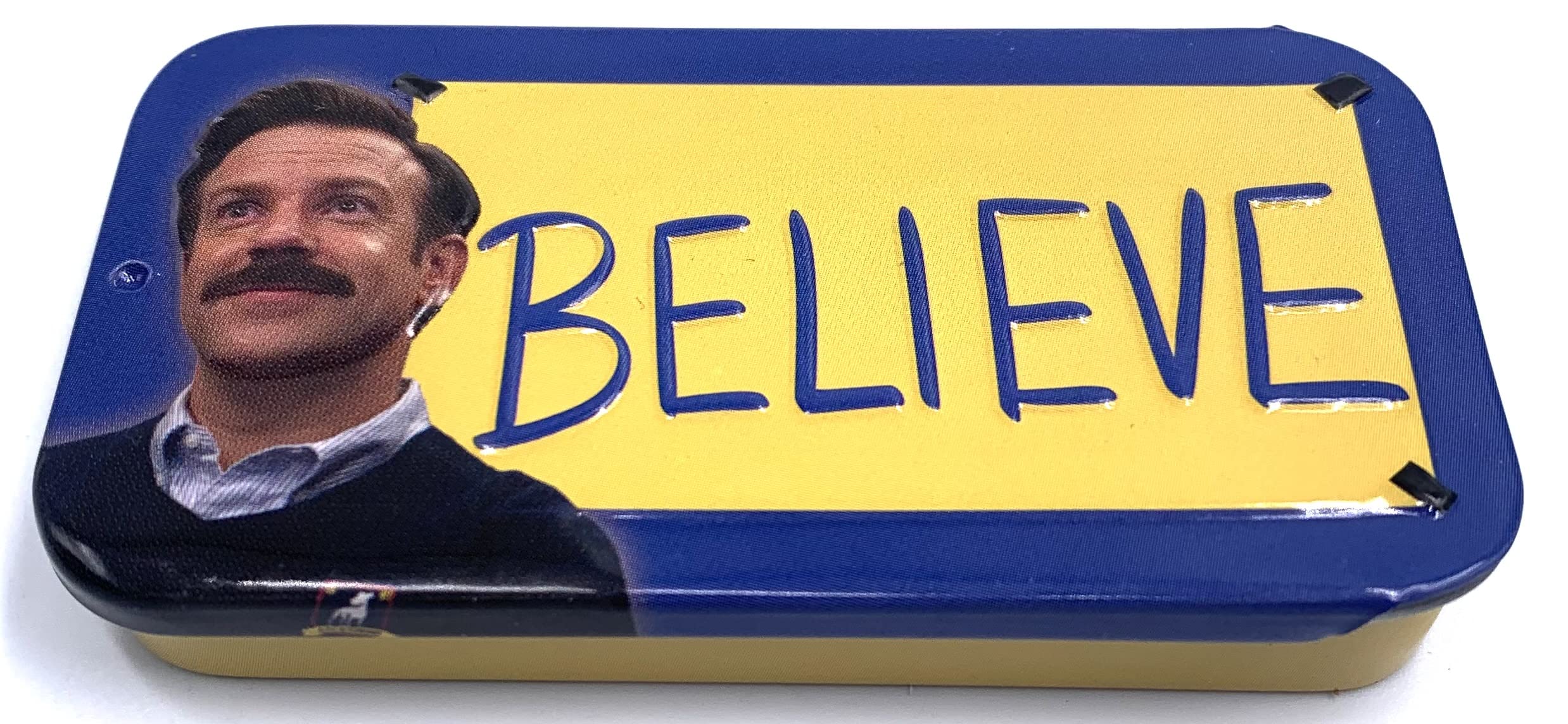 Ted Lasso Believe In Believe Blue Raspberry Flavored Candy - (1) Collectible Slide off top Tin filled with candies featuring Ted Lasso