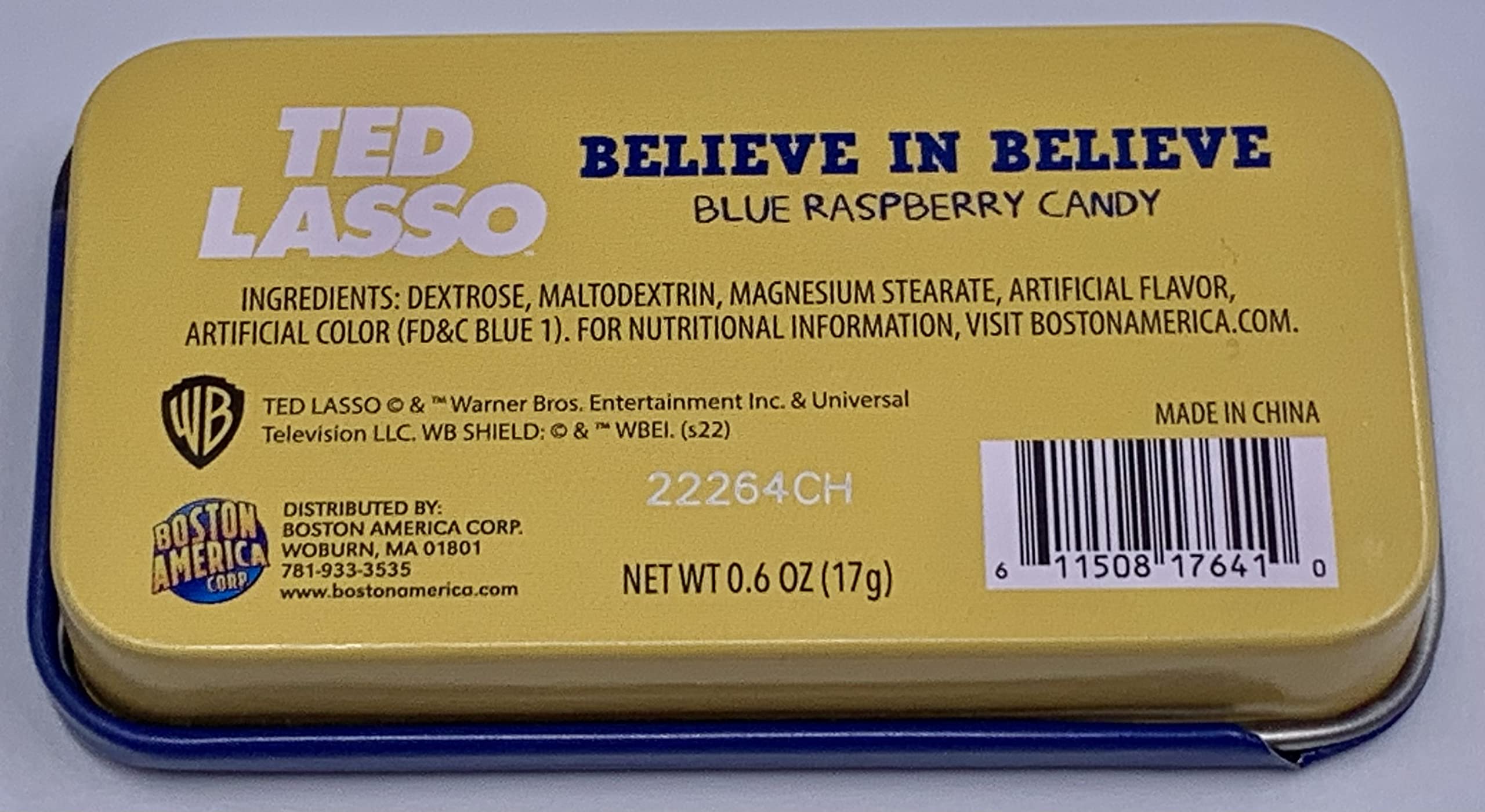 Ted Lasso Believe In Believe Blue Raspberry Flavored Candy - (1) Collectible Slide off top Tin filled with candies featuring Ted Lasso