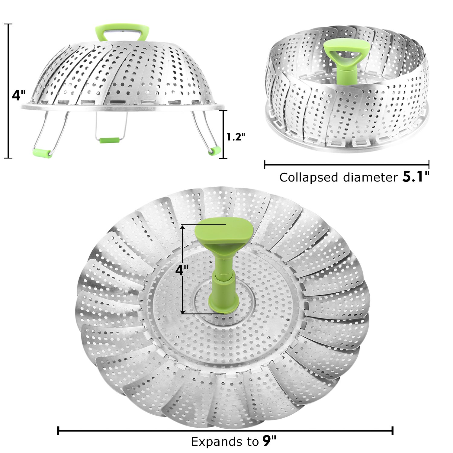 Steamer Basket Stainless Steel Vegetable Steamer Basket Folding Steamer Insert for Veggie Fish Seafood Cooking, Expandable to Fit Various Size Pot (5.1" to 9")