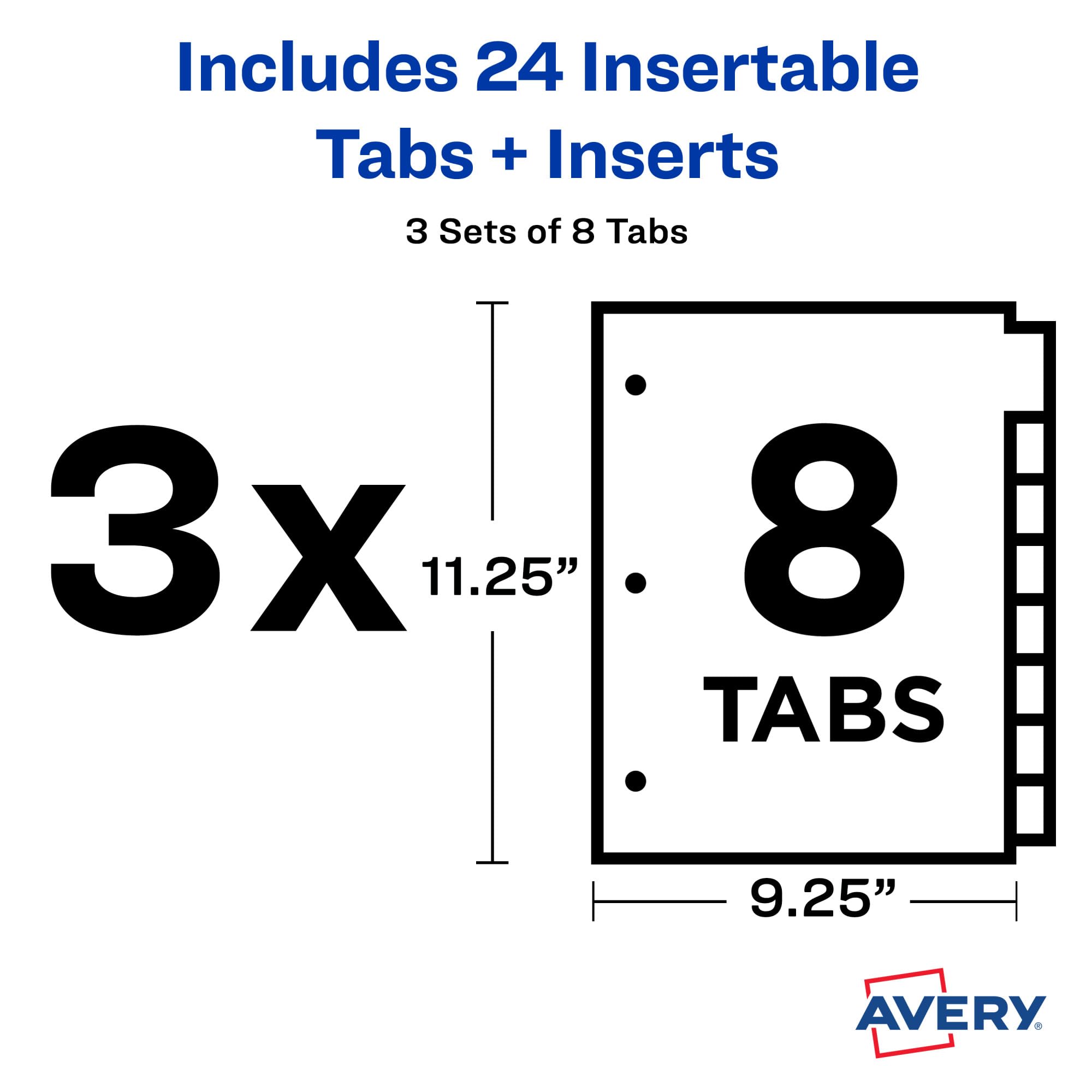 Avery 8-Tab Plastic Pocket Dividers for Home Office or Homeschool Supplies, Insertable Multicolor, 3 Sets (11907)