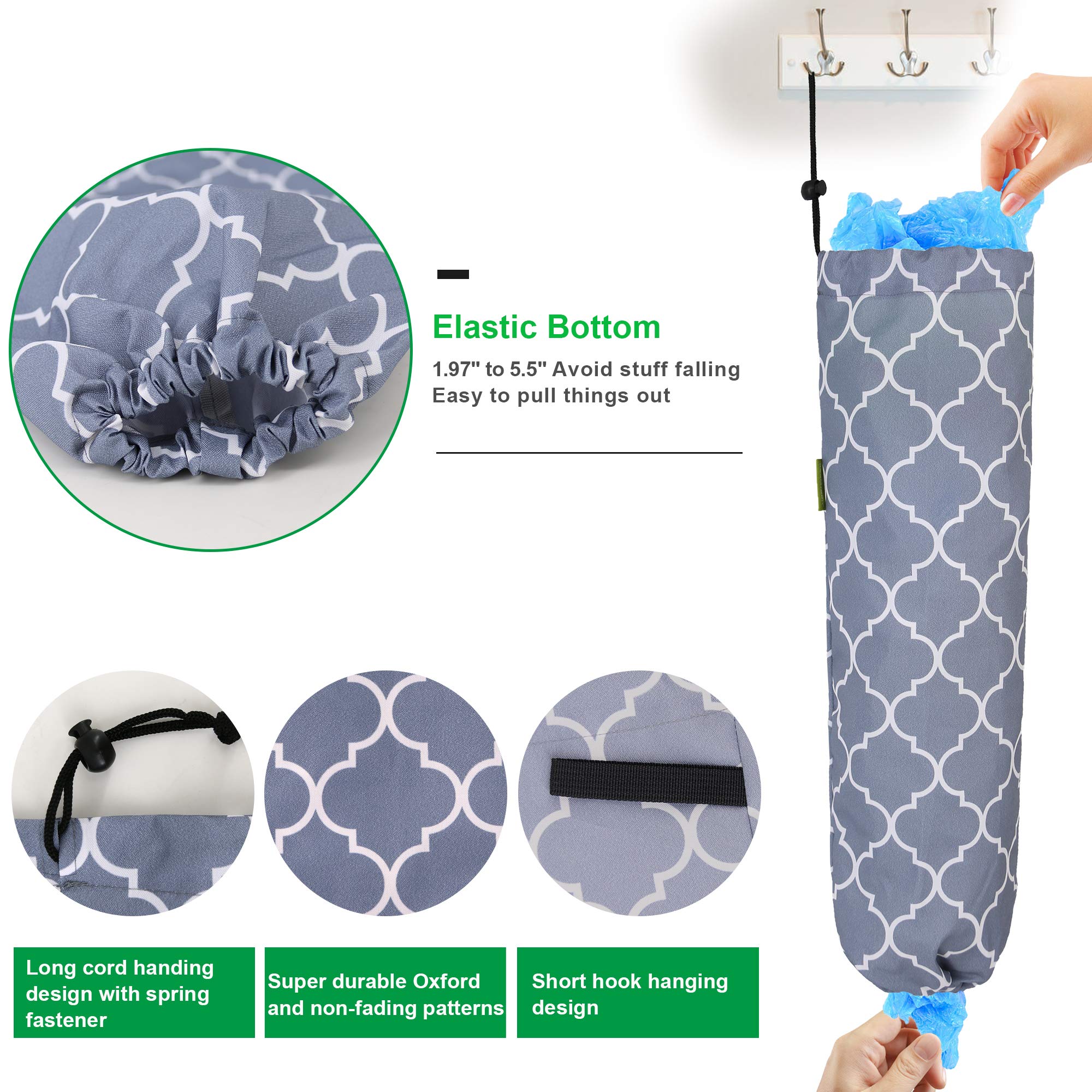 Large Grocery Bags Holders Bulk 2 Pack Heavy Duty Lightweight Plastic Sack w Hanging Loop Washable Shopping Bag Storage Dispensers for Garbage Bags Organizer with Drawstring Grey Cute Geometric Design