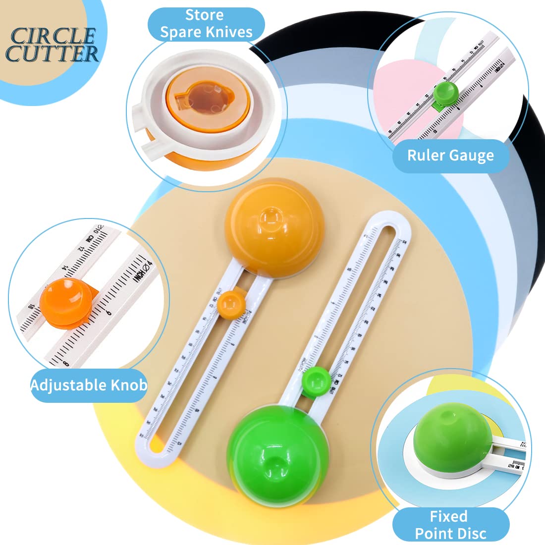 Circle Paper Cutter Rotary Circular Cutter for Cardstocks Craft Cutting Tools, Compass Paper Cutter Trimmer Scrapbooking (included 3 blades) (Orange)