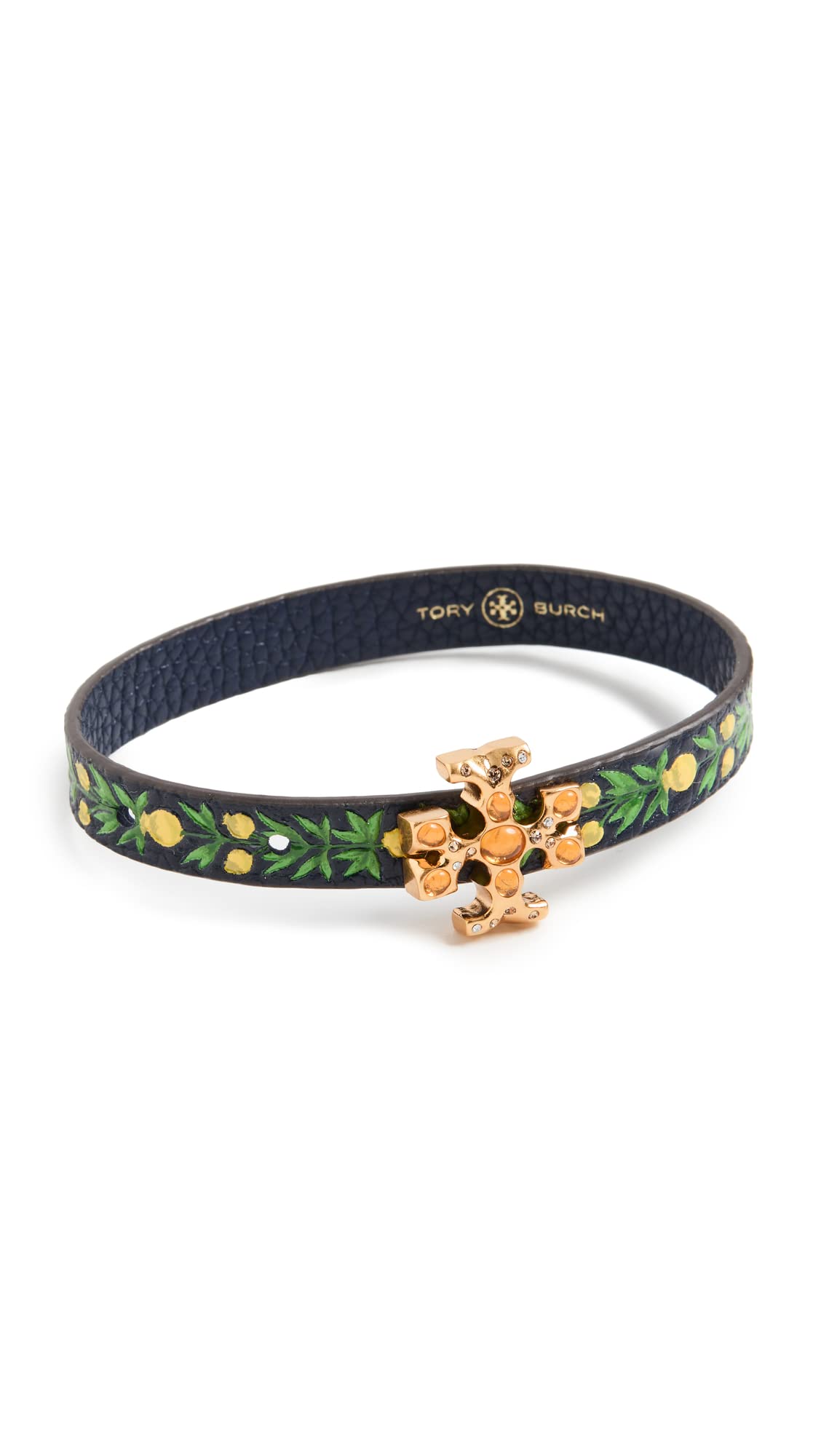 Tory Burch Women's Roxanne Leather Bracelet, Rolled Brass/Green Multi, One Size