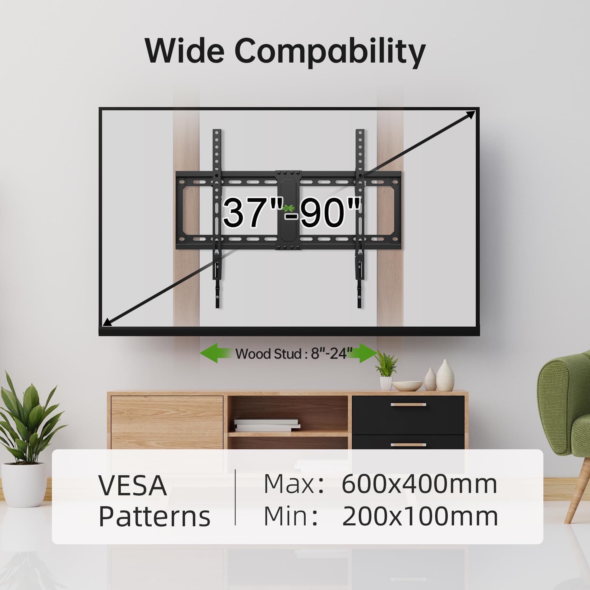 USX MOUNT TV Wall Mount Tilting Brackets for Most 37"-90" Flat Curved Screen TVs, Wall Mount TV Bracket with Max VESA 600x400mm, Weight Capacity 132lbs, Low Profile Space Saving for 16", 24" Stud