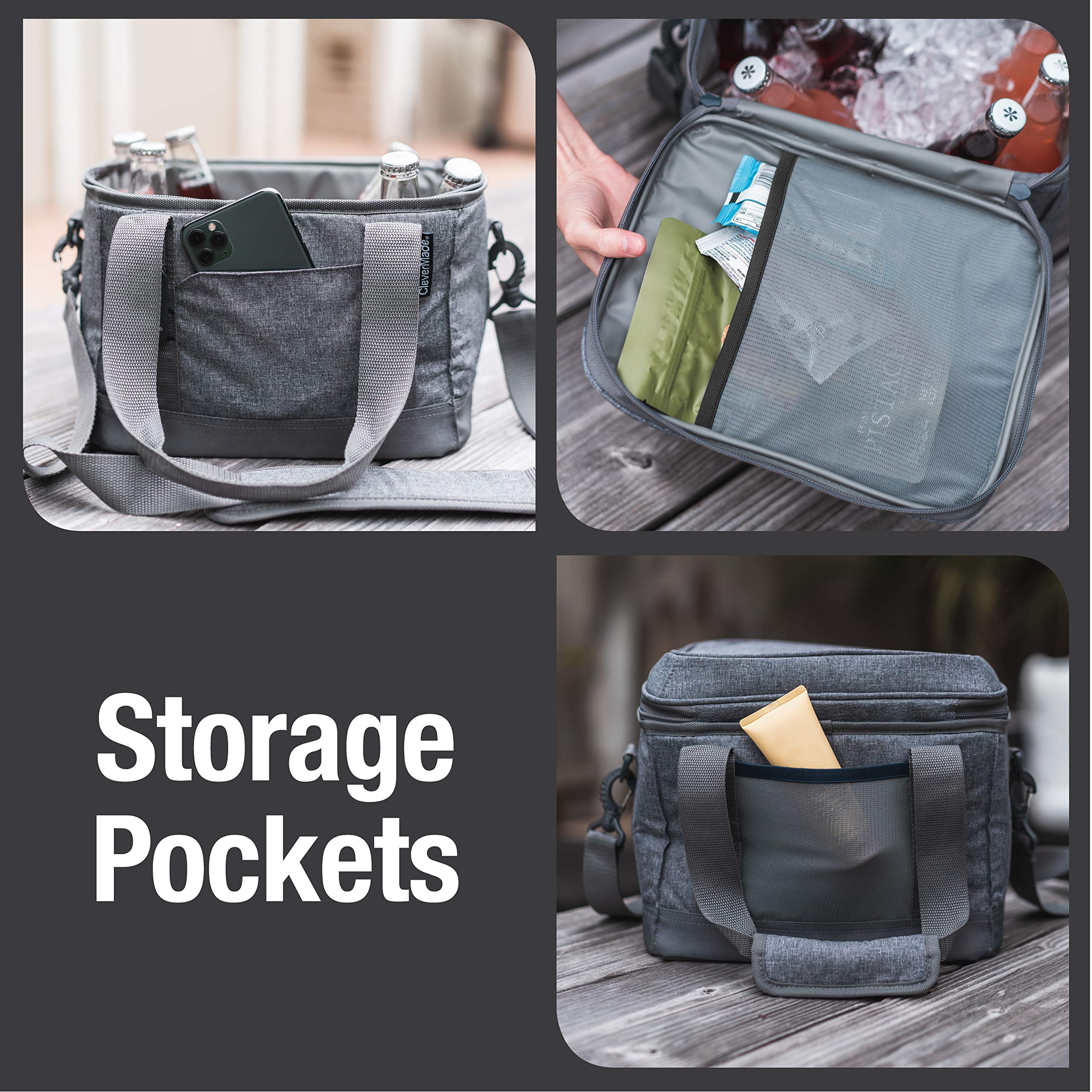 CleverMade Collapsible Soft Cooler Bag -Tote - Insulated 30 Can Leakproof Small Cooler Box with Bottle Opener and Shoulder Strap for Lunch, Beach, and Picnic - Grey