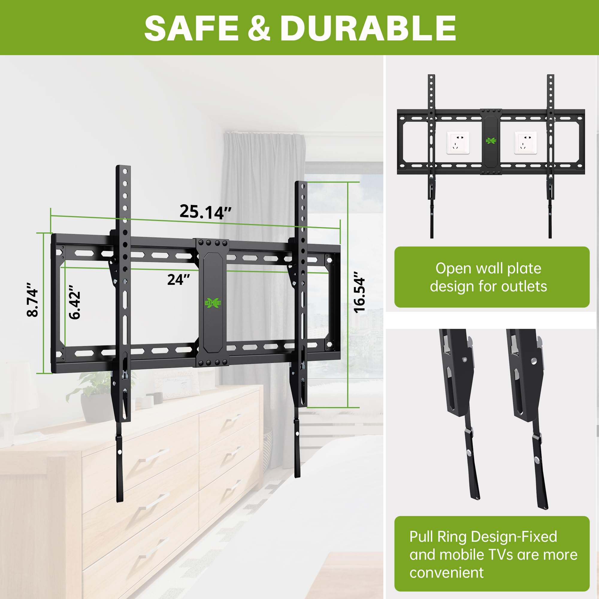 USX MOUNT TV Wall Mount Tilting Brackets for Most 37"-90" Flat Curved Screen TVs, Wall Mount TV Bracket with Max VESA 600x400mm, Weight Capacity 132lbs, Low Profile Space Saving for 16", 24" Stud