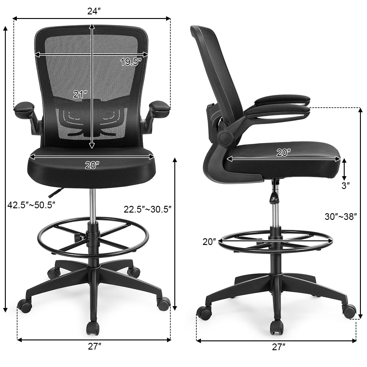 Giantex Drafting Chair High Back Office Chairs with Footrest Ring Flip-Up Armrest Height Adjustable Executive Desk Chair Ergonomic Mesh Computer Task Chair Lumbar Support Tall Office Chair (1)