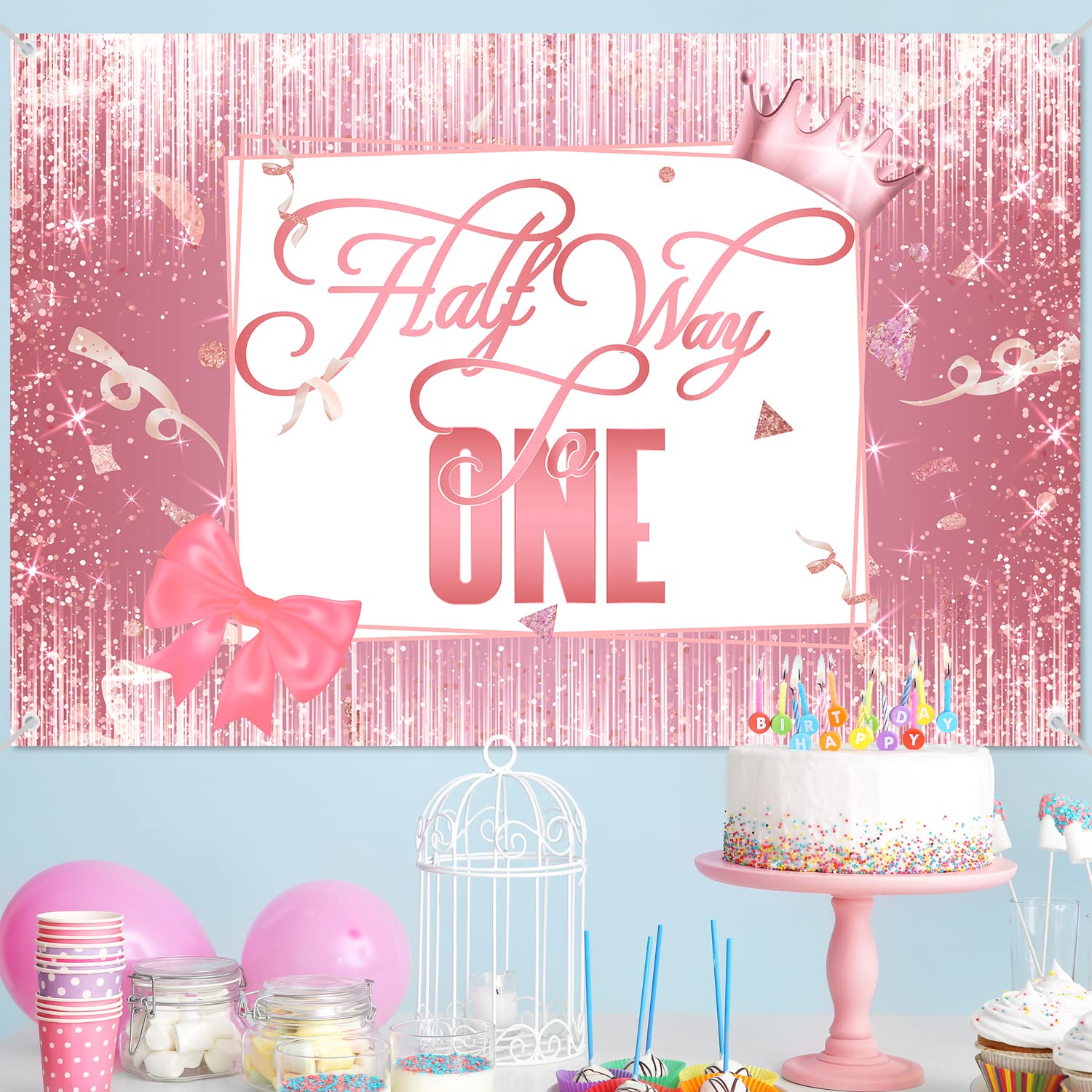 Half Way To One Birthday Backdrop Banner Decorations for Baby Girls Rose Gold 6 Months 1/2 Bday Background Photography Party Sign Decor Supplies Pink