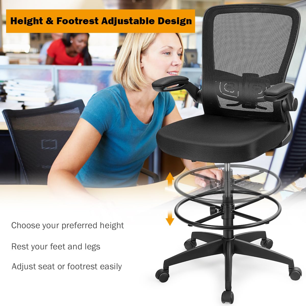 Giantex Drafting Chair High Back Office Chairs with Footrest Ring Flip-Up Armrest Height Adjustable Executive Desk Chair Ergonomic Mesh Computer Task Chair Lumbar Support Tall Office Chair (1)