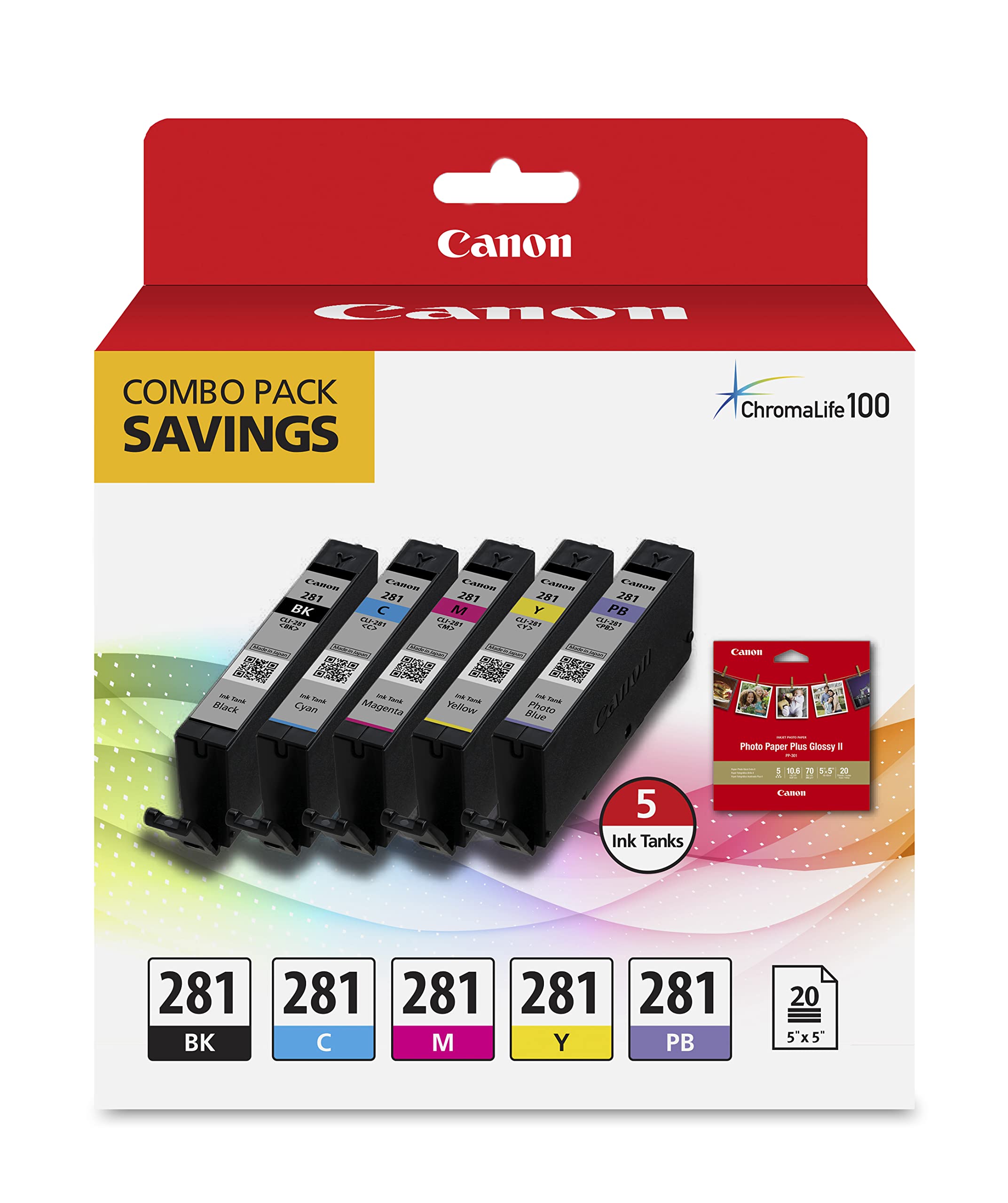 Genuine Canon CLI-281 5-Color Ink Tank Combo Pack with 5 x 5" Photo Paper (2091C006) + Canon PGI-280 XL Pigment Black Ink Tank (2021C001)