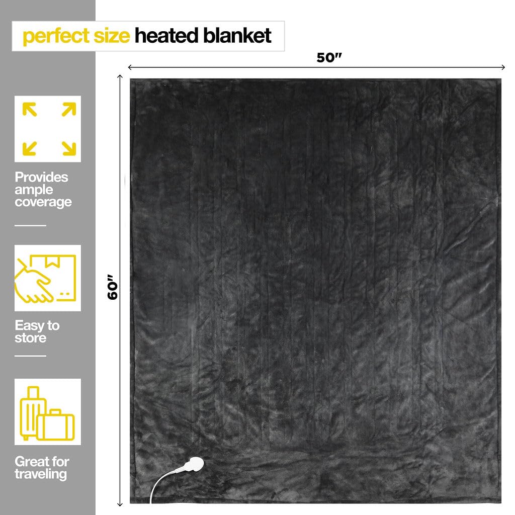 Heated Blanket, Machine Washable Extremely Soft and Comfortable Electric Blanket Throw Fast Heating with Hand Controller 10 Heating Settings and auto Shut-Off (Gray, 50 x 60)