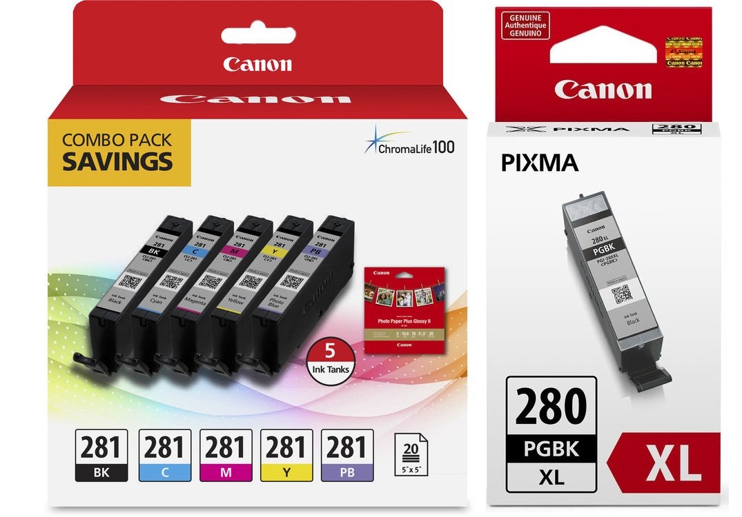 Genuine Canon CLI-281 5-Color Ink Tank Combo Pack with 5 x 5" Photo Paper (2091C006) + Canon PGI-280 XL Pigment Black Ink Tank (2021C001)
