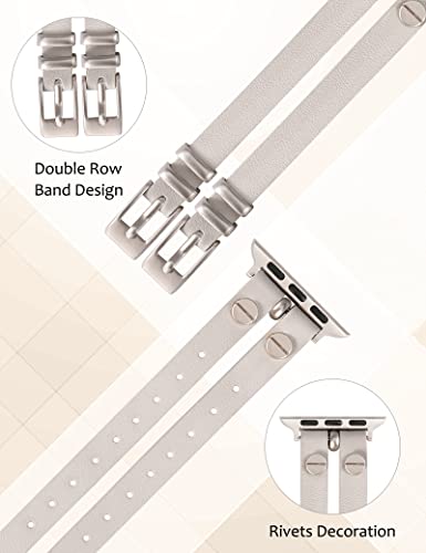 Wearlizer Leather Bands Compatible with Apple Watch Band 38mm 40mm 41mm Women, Double-Row Design with Rivets Decoration Stylish Strap for iWatch Series SE/9/8/7/6/5/4/3/2/1(Starlight with Starlight)