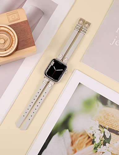 Wearlizer Leather Bands Compatible with Apple Watch Band 38mm 40mm 41mm Women, Double-Row Design with Rivets Decoration Stylish Strap for iWatch Series SE/9/8/7/6/5/4/3/2/1(Starlight with Starlight)