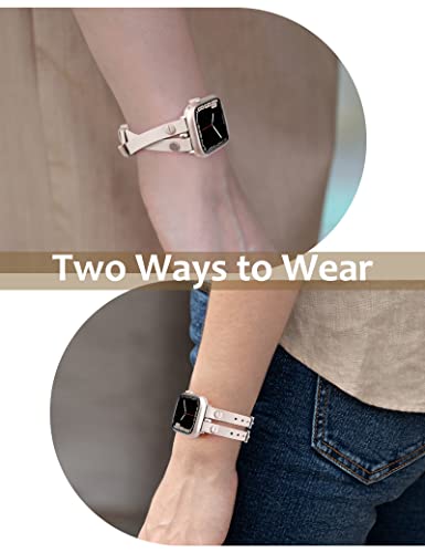 Wearlizer Leather Bands Compatible with Apple Watch Band 38mm 40mm 41mm Women, Double-Row Design with Rivets Decoration Stylish Strap for iWatch Series SE/9/8/7/6/5/4/3/2/1(Starlight with Starlight)