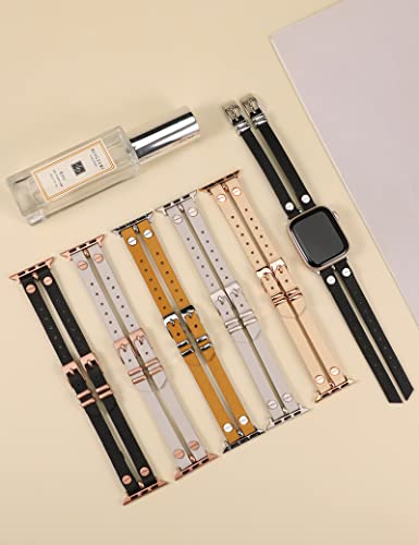 Wearlizer Leather Bands Compatible with Apple Watch Band 38mm 40mm 41mm Women, Double-Row Design with Rivets Decoration Stylish Strap for iWatch Series SE/9/8/7/6/5/4/3/2/1(Starlight with Starlight)