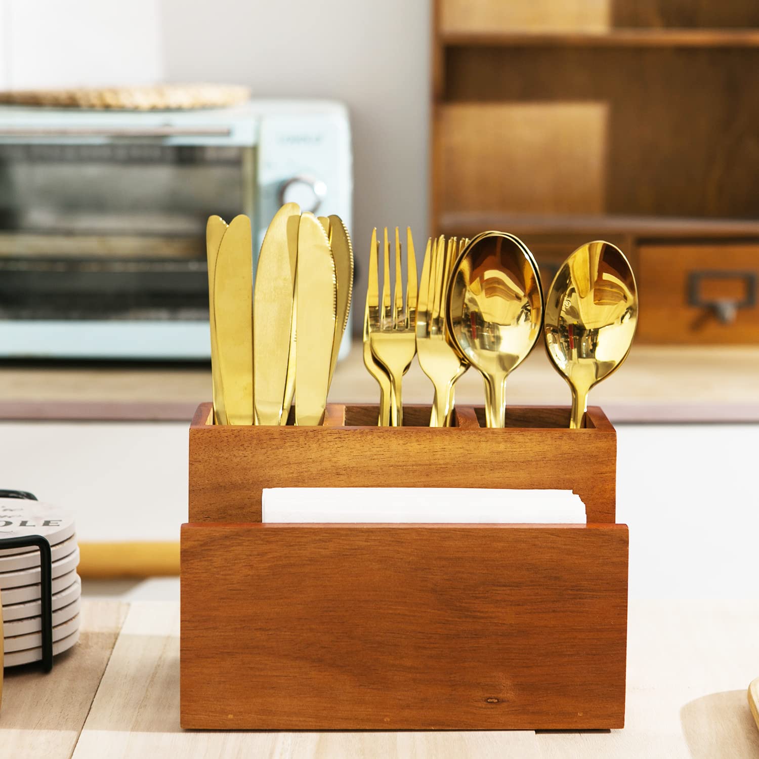 NelyBet Sliverware Holder, Utensil and Napkin Holder for Party, Woonden Siverware caddy Flatware Organizer with 3 compartments Holder for countertop Kitchen 7.7β x 5 β x 5βH