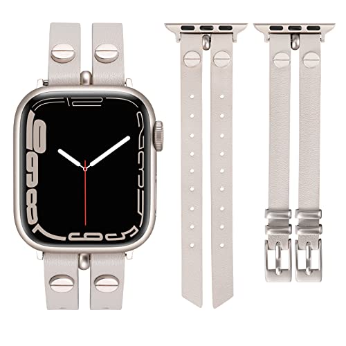 Wearlizer Leather Bands Compatible with Apple Watch Band 38mm 40mm 41mm Women, Double-Row Design with Rivets Decoration Stylish Strap for iWatch Series SE/9/8/7/6/5/4/3/2/1(Starlight with Starlight)