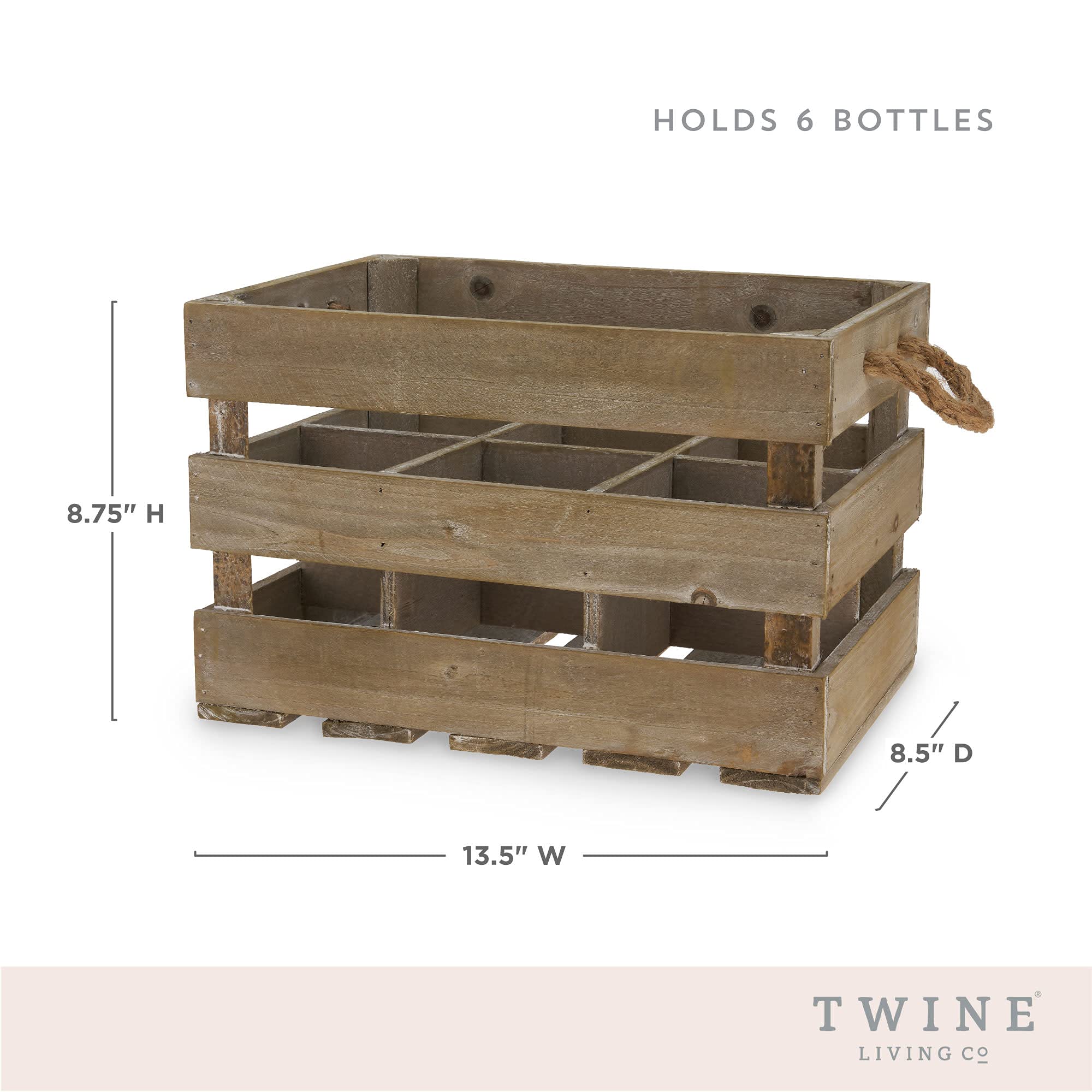 Twine 4281 Farm House Decor, Wood Wine Holder Rustic Farmhouse Wooden 6 Bottle Crate, Dark wood