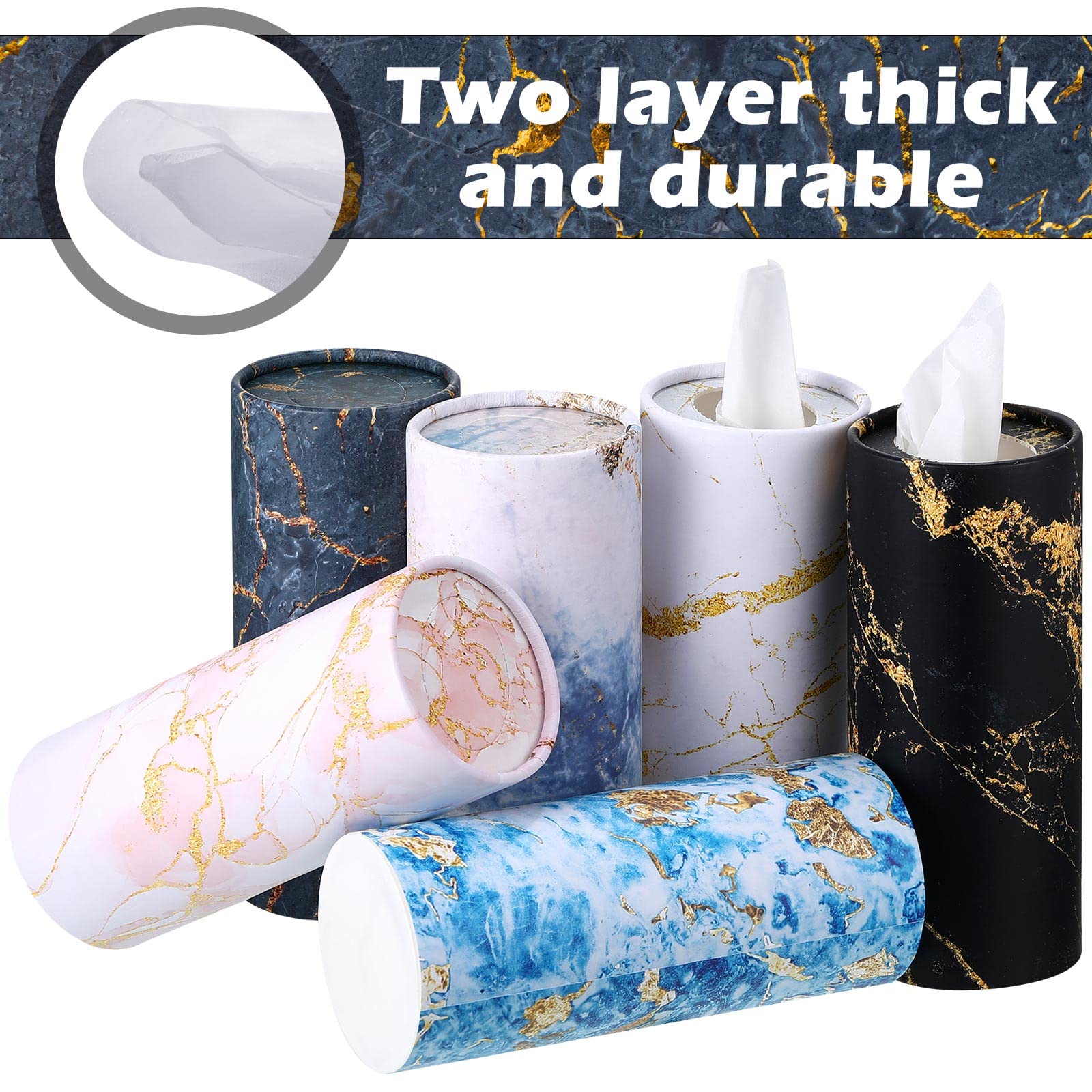 12 Pieces Cylinder Car Tissues Boxes Printed Car Napkins Round Disposable Tissues Boxes Travel Facial Tissues Boxes for Car Cup Holder (Marble Style)