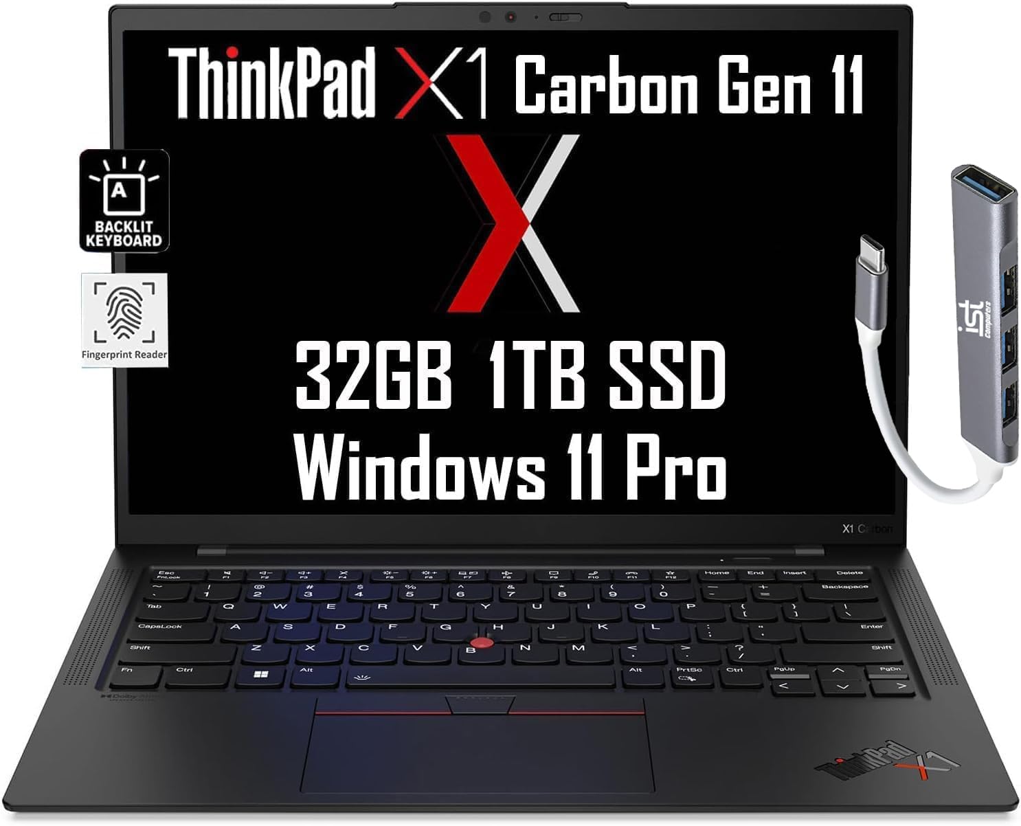 Lenovo ThinkPad X1 Carbon Gen 9 14" FHD+ (Intel 4-Core i7-1185G7 vPro, 32GB RAM, 1TB SSD) Business Laptop, Thunderbolt 4, Backlit, Fingerprint, 3-Year Warranty, Webcam, Wi-Fi 6, IST Cable, Win 11 Pro