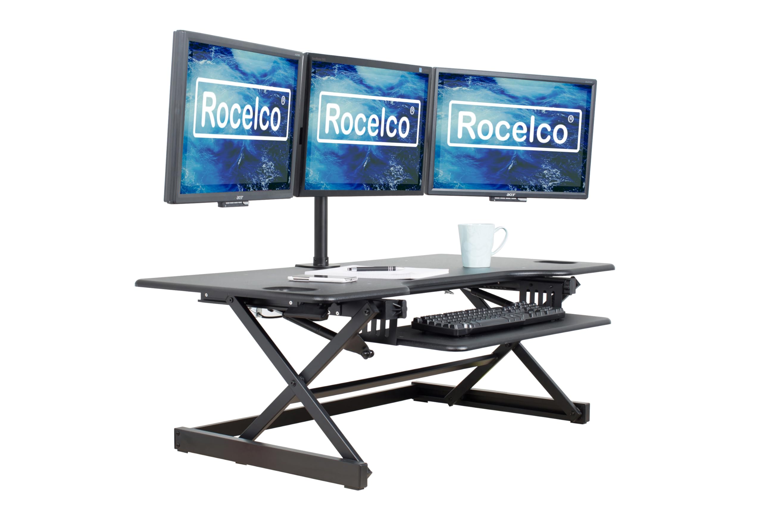 Rocelco 46" Large Height Adjustable Standing Desk Converter, Quick Sit Standup Triple Monitor Riser, Gas Spring Assist Computer Workstation, Retractable Keyboard Tray, (R DADRB-46), Black
