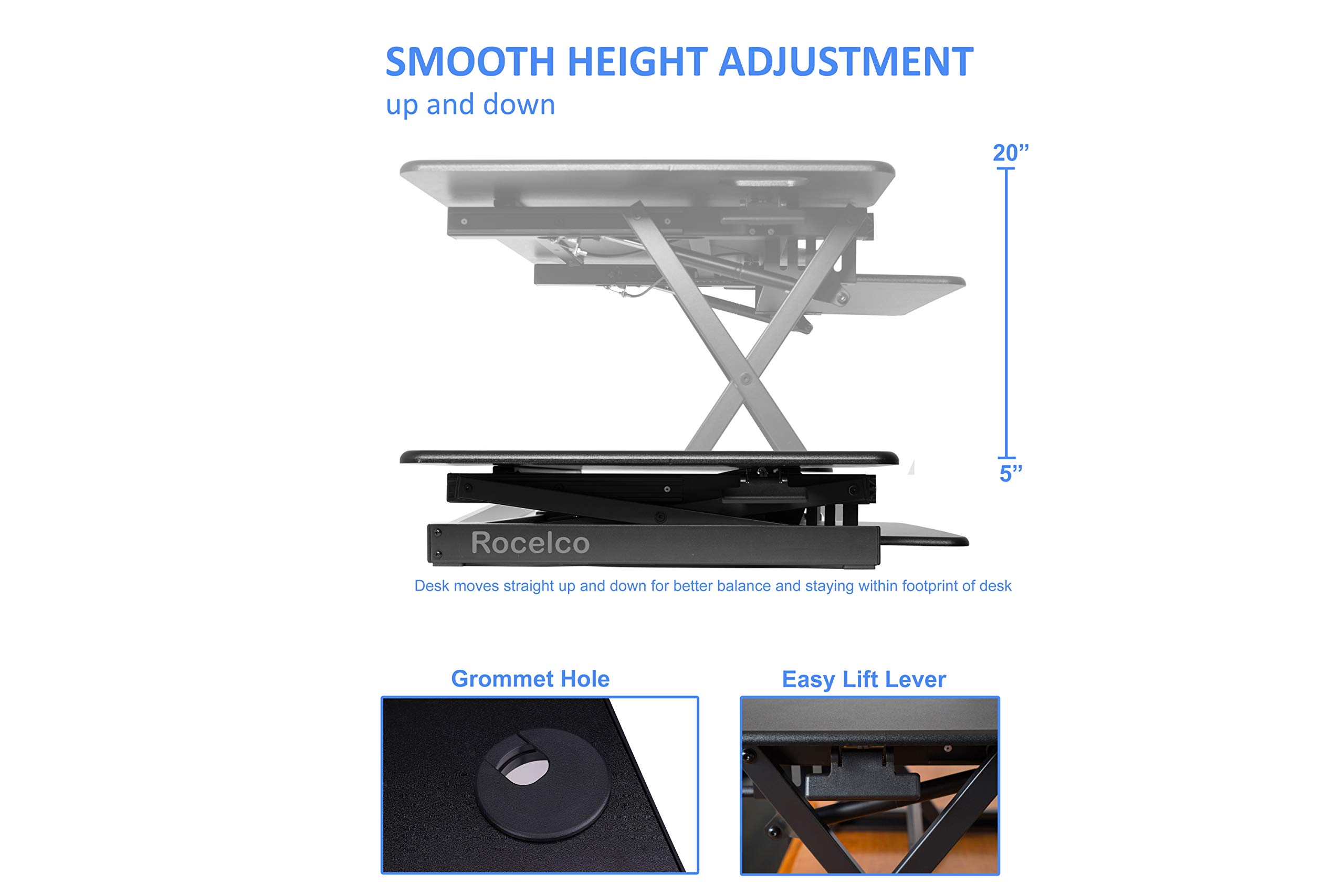 Rocelco 46" Large Height Adjustable Standing Desk Converter, Quick Sit Standup Triple Monitor Riser, Gas Spring Assist Computer Workstation, Retractable Keyboard Tray, (R DADRB-46), Black
