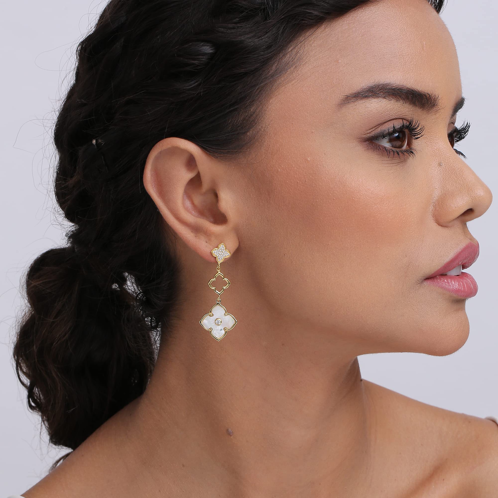 LeCalla 925 Sterlings silver Mother of Pearl Long Drop Earrings | 14K Gold-Plated CZ Three Clover Flower Drop Dangle Earring Mother's Day Gift for Women