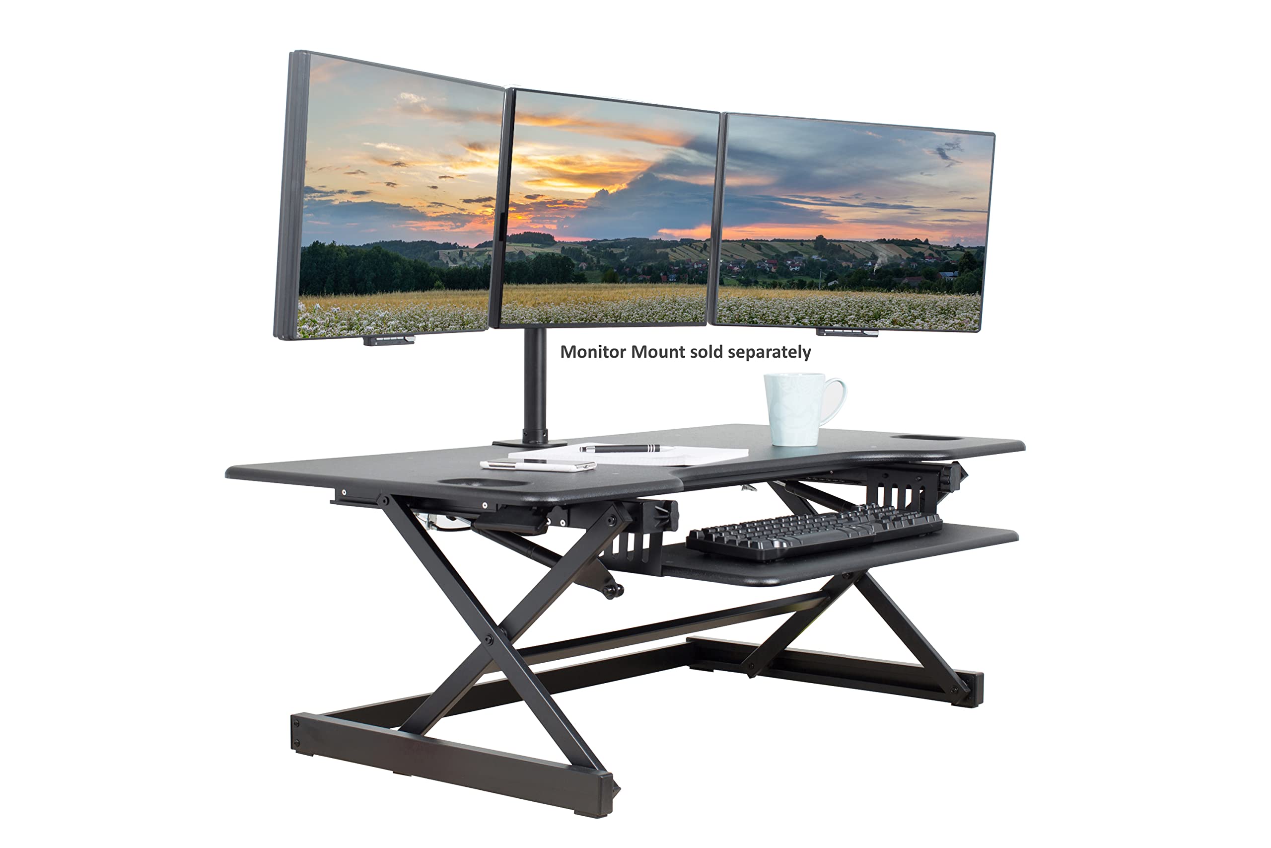 Rocelco 46" Large Height Adjustable Standing Desk Converter, Quick Sit Standup Triple Monitor Riser, Gas Spring Assist Computer Workstation, Retractable Keyboard Tray, (R DADRB-46), Black