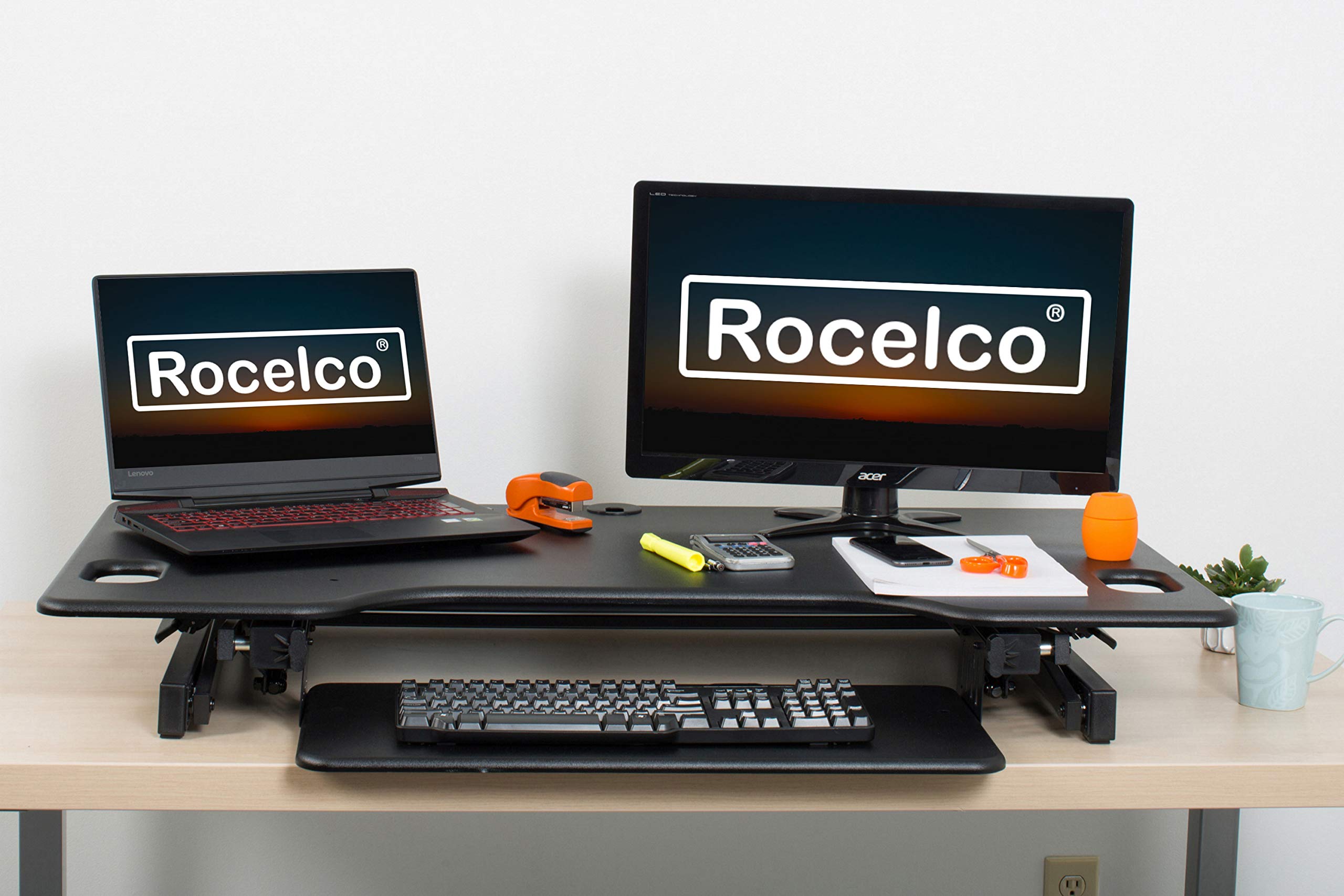 Rocelco 46" Large Height Adjustable Standing Desk Converter, Quick Sit Standup Triple Monitor Riser, Gas Spring Assist Computer Workstation, Retractable Keyboard Tray, (R DADRB-46), Black
