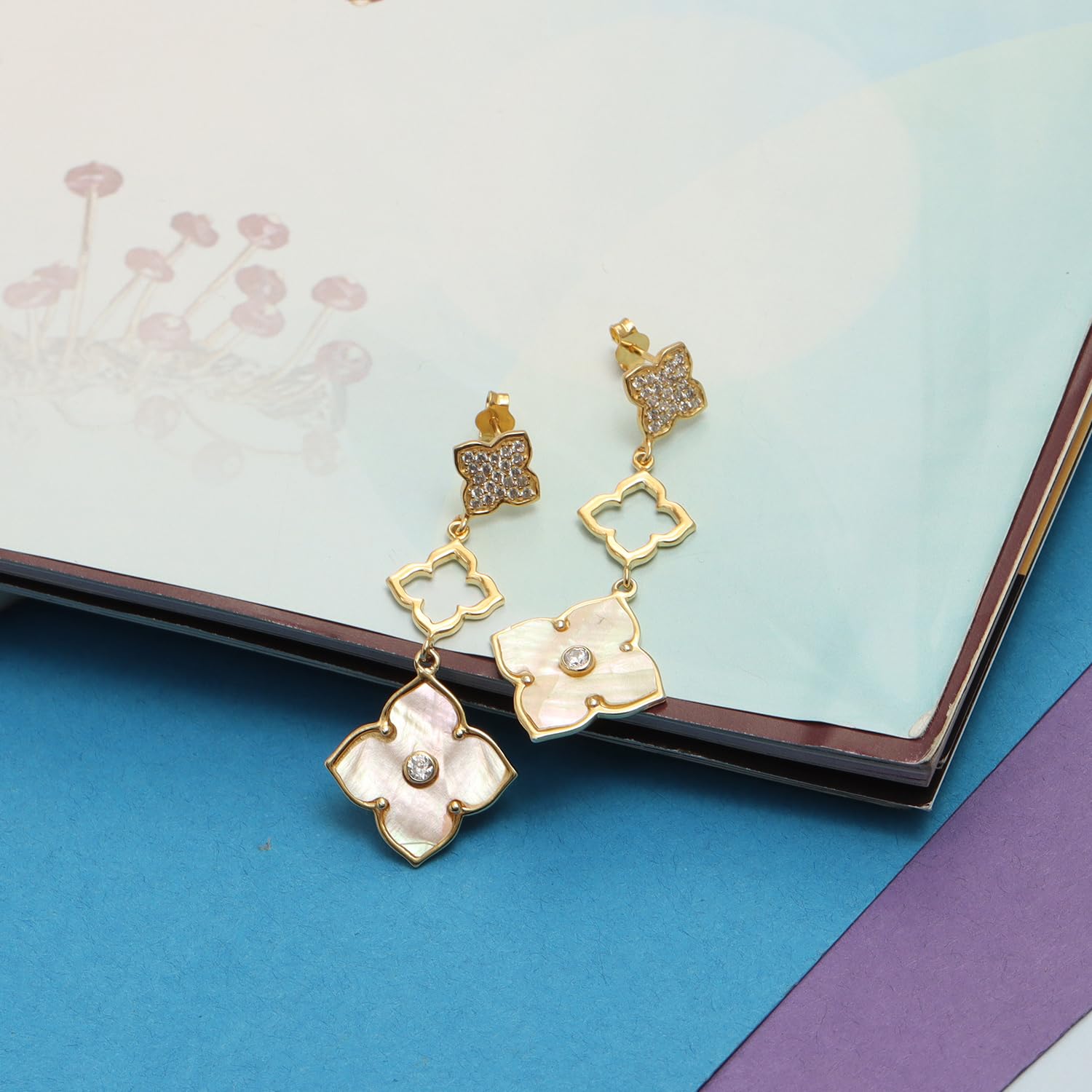 LeCalla 925 Sterlings silver Mother of Pearl Long Drop Earrings | 14K Gold-Plated CZ Three Clover Flower Drop Dangle Earring Mother's Day Gift for Women