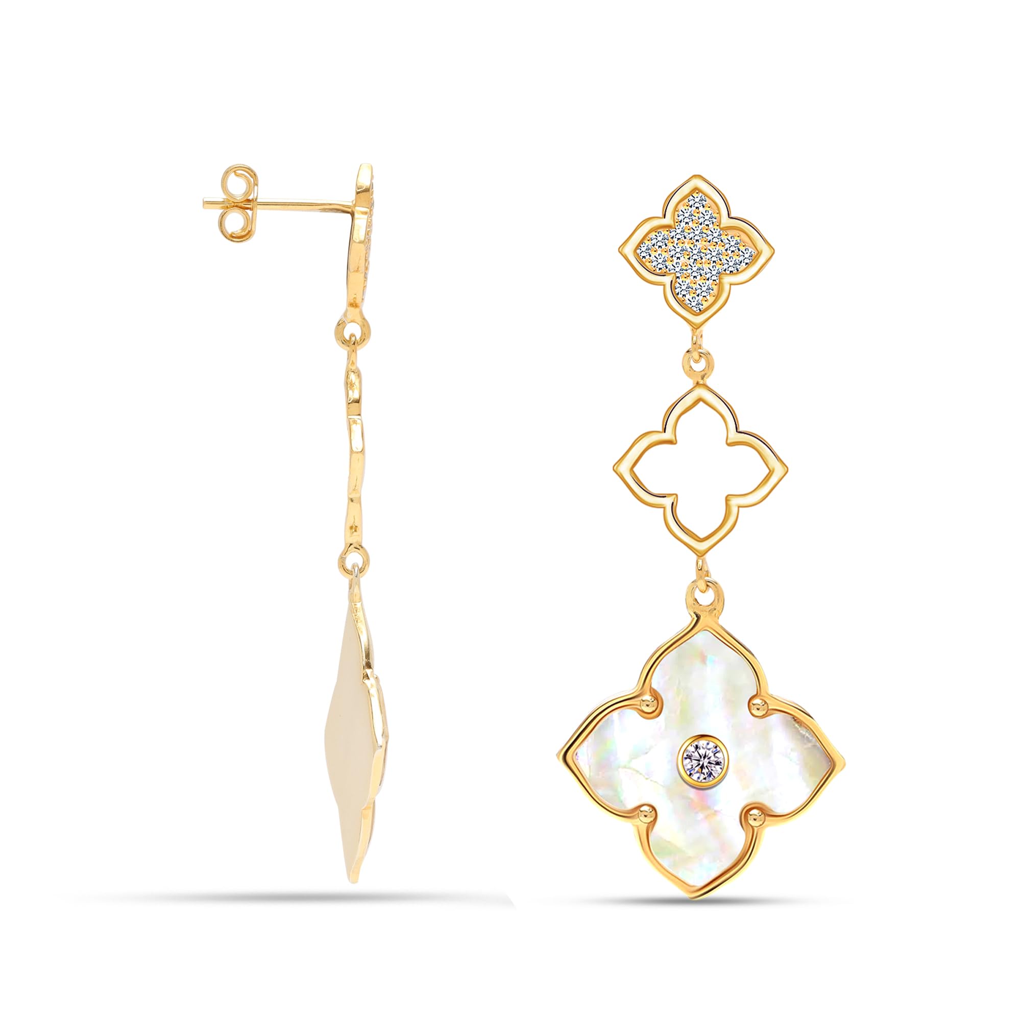 LeCalla 925 Sterlings silver Mother of Pearl Long Drop Earrings | 14K Gold-Plated CZ Three Clover Flower Drop Dangle Earring Mother's Day Gift for Women