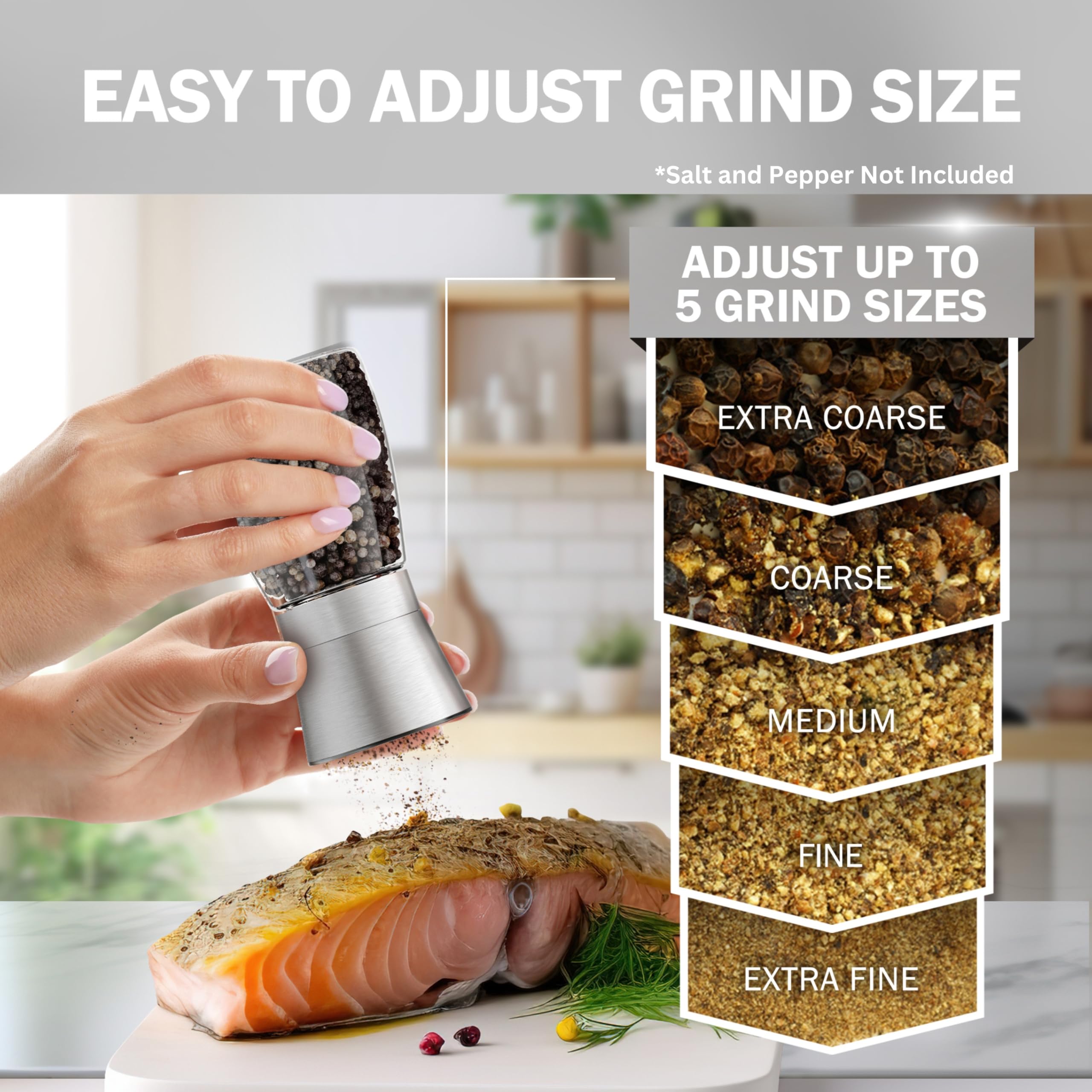 HOME EC Premium Stainless Steel Salt and Pepper Grinder Set of 2 - Adjustable Ceramic Sea Salt Grinder & Pepper Grinder - Glass Salt and Pepper Shakers - Pepper Mill & Salt Mill W/Funnel & EBook