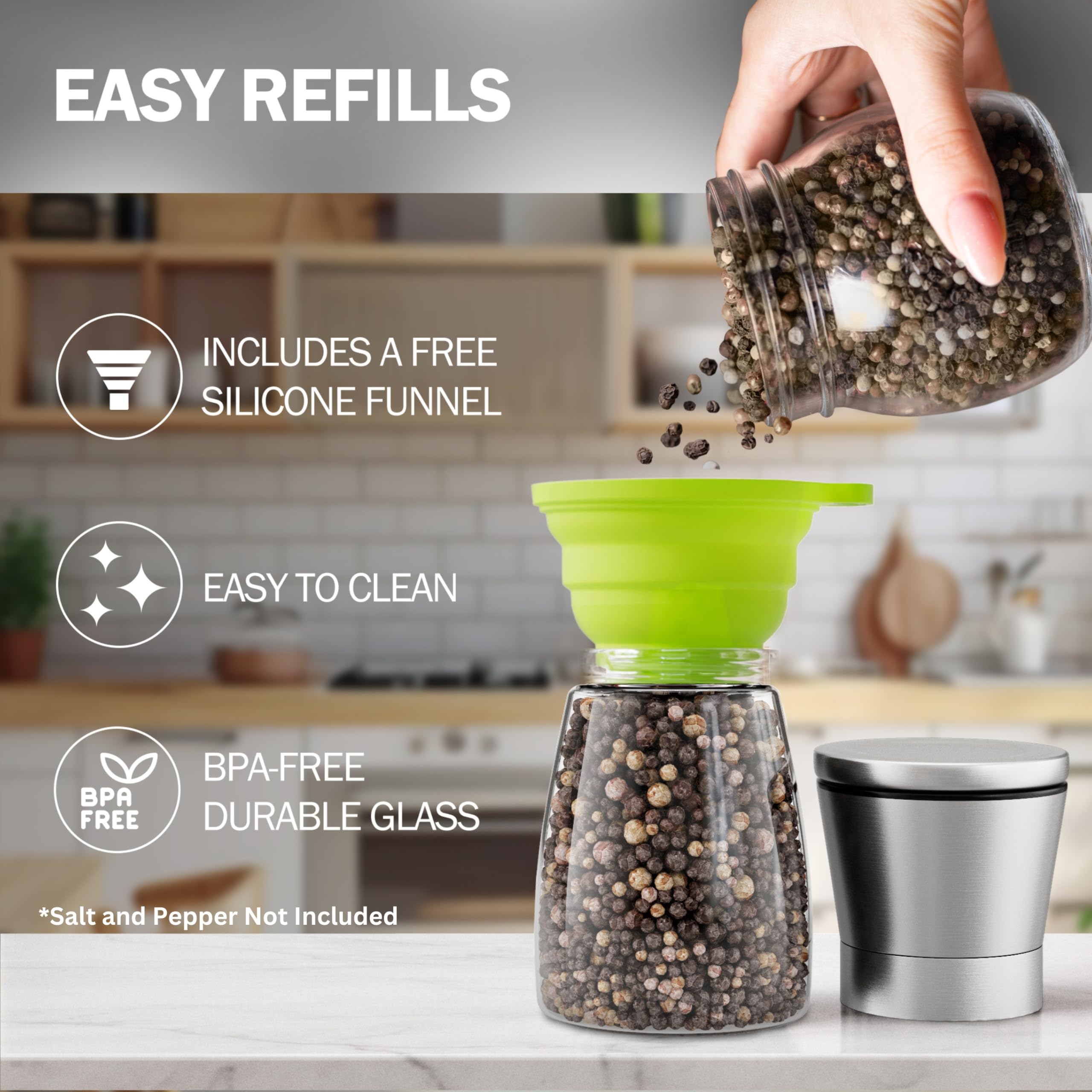 HOME EC Premium Stainless Steel Salt and Pepper Grinder Set of 2 - Adjustable Ceramic Sea Salt Grinder & Pepper Grinder - Glass Salt and Pepper Shakers - Pepper Mill & Salt Mill W/Funnel & EBook