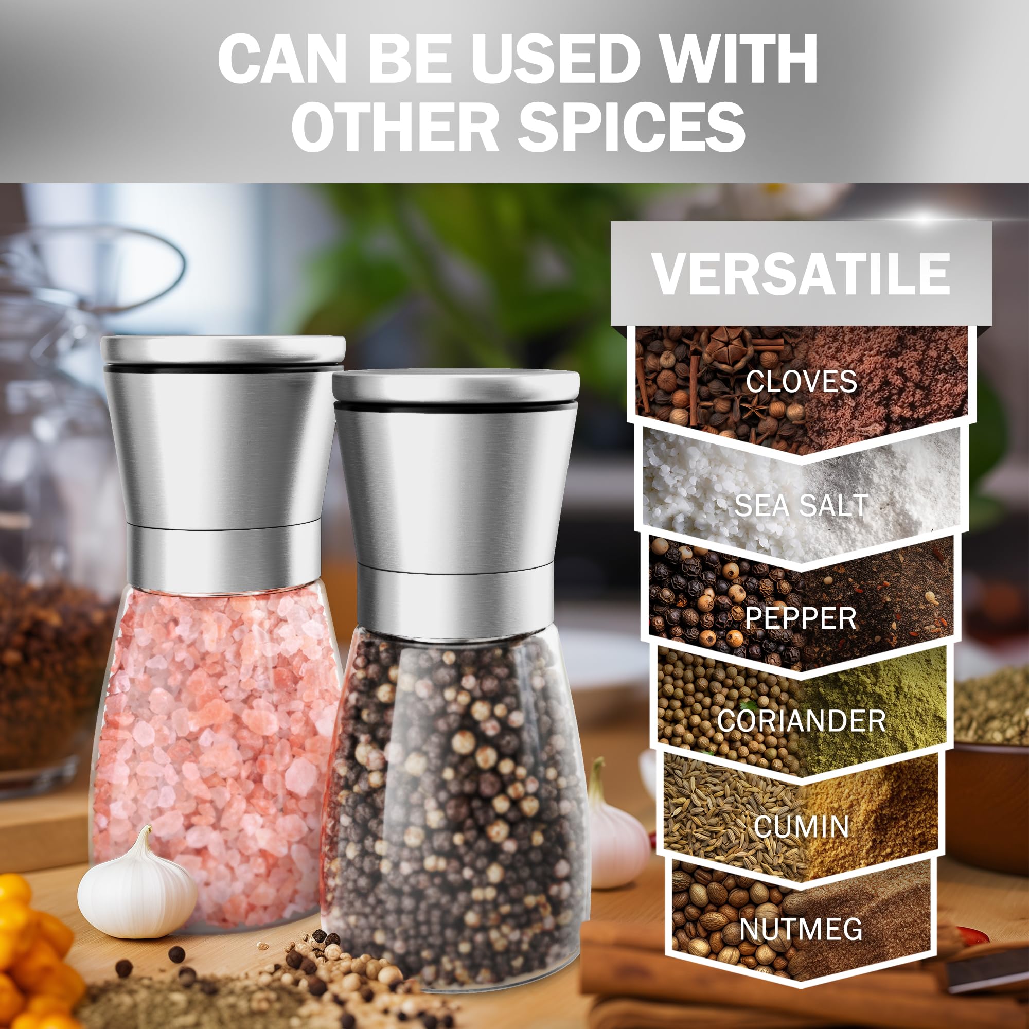 HOME EC Premium Stainless Steel Salt and Pepper Grinder Set of 2 - Adjustable Ceramic Sea Salt Grinder & Pepper Grinder - Glass Salt and Pepper Shakers - Pepper Mill & Salt Mill W/Funnel & EBook