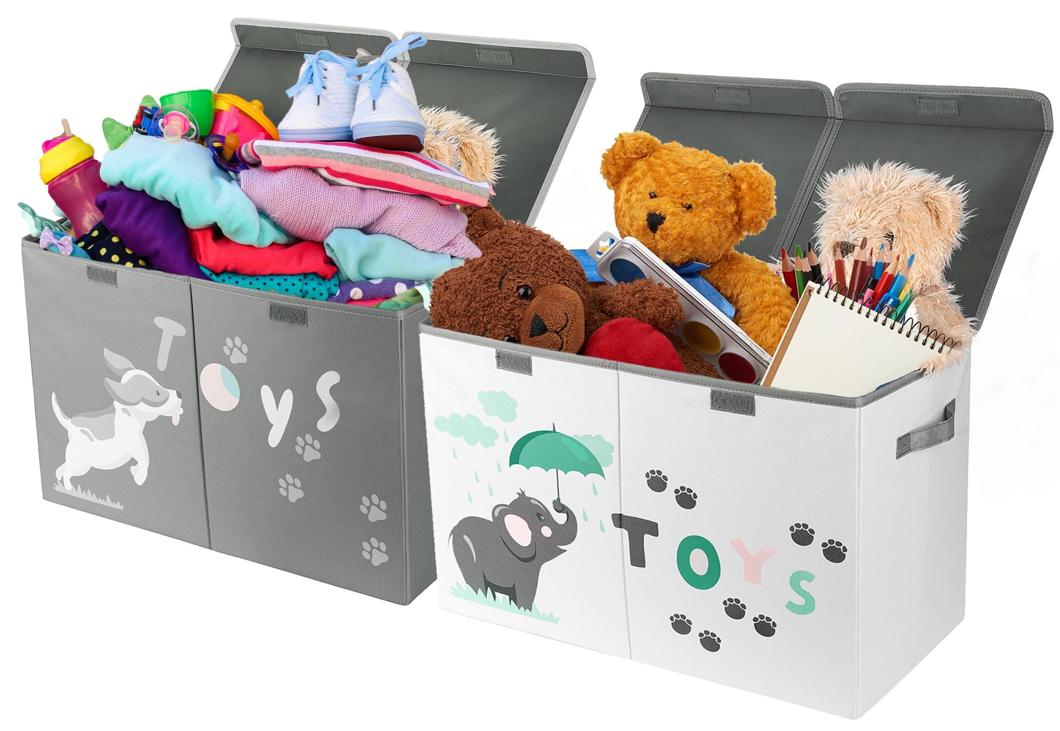 Kids Toy Storage Box (2pc) Large, Lightweight Collapsible Sturdy Toy Storage w/Flip-Top Lid & Handles – Fabric Chest/Bin/Basket/Trunk/Organizer for Toddler (24.5" x 12" x 16") (Dog & Elephant)