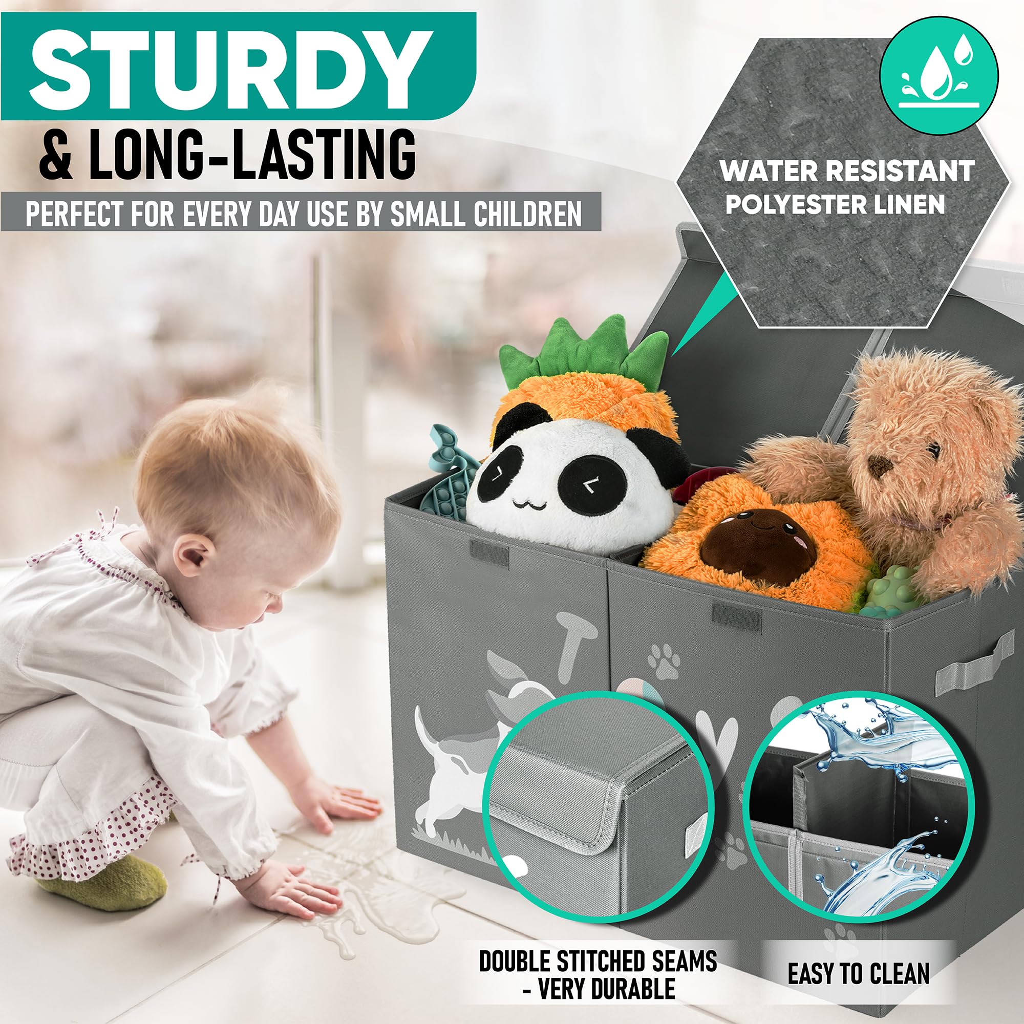 Kids Toy Storage Box (2pc) Large, Lightweight Collapsible Sturdy Toy Storage w/Flip-Top Lid & Handles – Fabric Chest/Bin/Basket/Trunk/Organizer for Toddler (24.5" x 12" x 16") (Dog & Elephant)