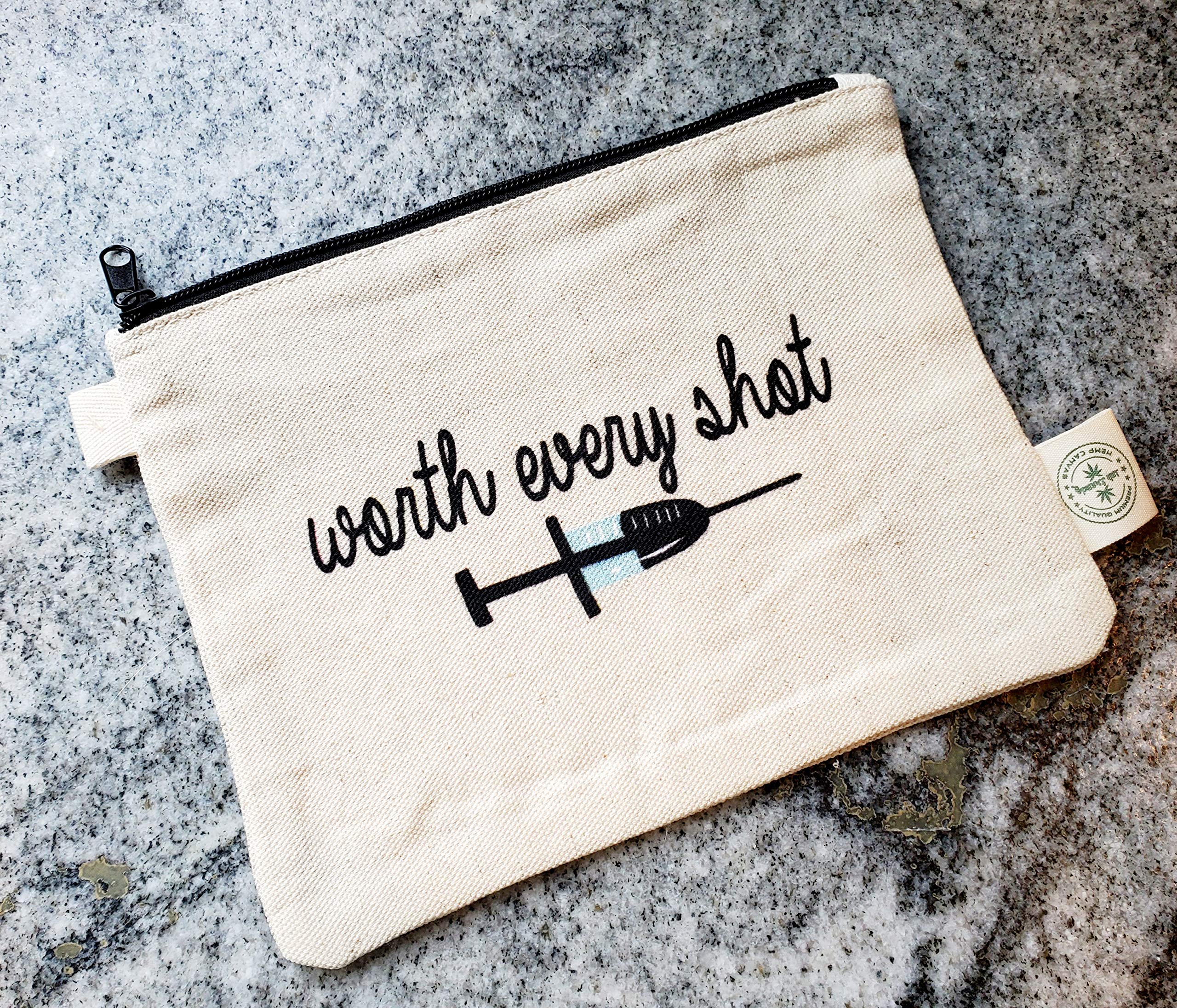 Ink Trendz® Infertility Warrior IVF IUI Makeup Bag, Pencil Pouch Hemp Canvas Zipper Pouch 7" x 9" (Worth Every Shot)