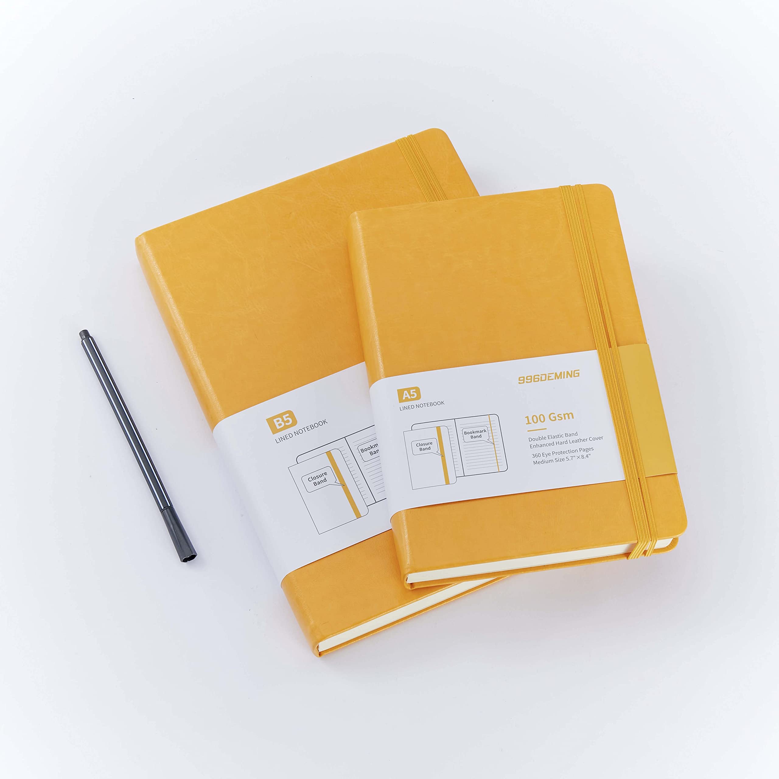 996DEMING Large Lined Journal Notebook for Work - 365 Pages Journals for Writing B5 College Ruled Notebook,100gsm Lined Paper,Leather Hardcover Journal for Men and Women,7.6'' X 10'' (Yellow, B5)