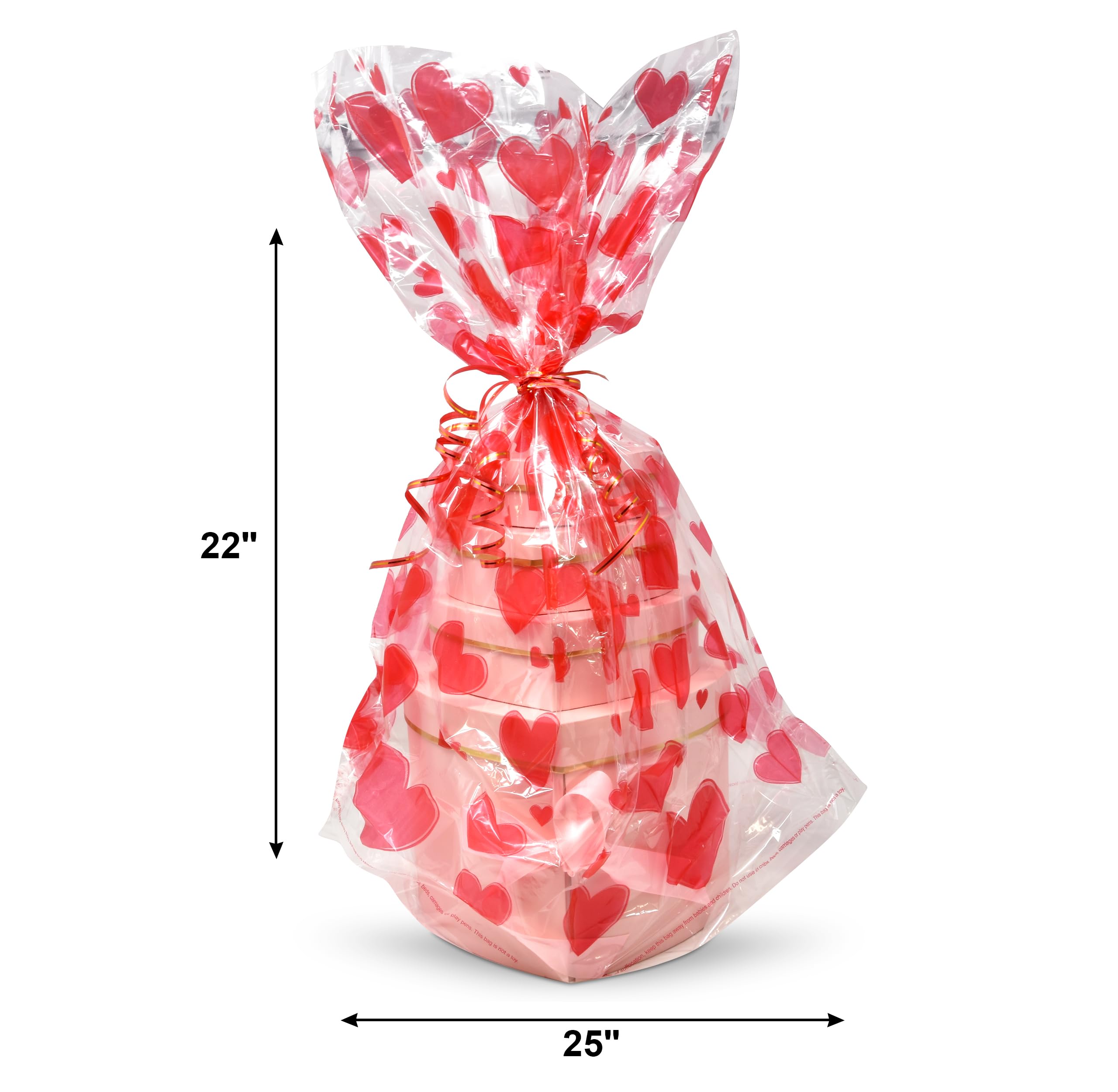 18 Valentine Cellophane Basket Bags with Twist Ties 22" x 25" Jumbo Large Valentines Day Red Heart Gift Wrap Clear Cello Plastic Bag for Baskets