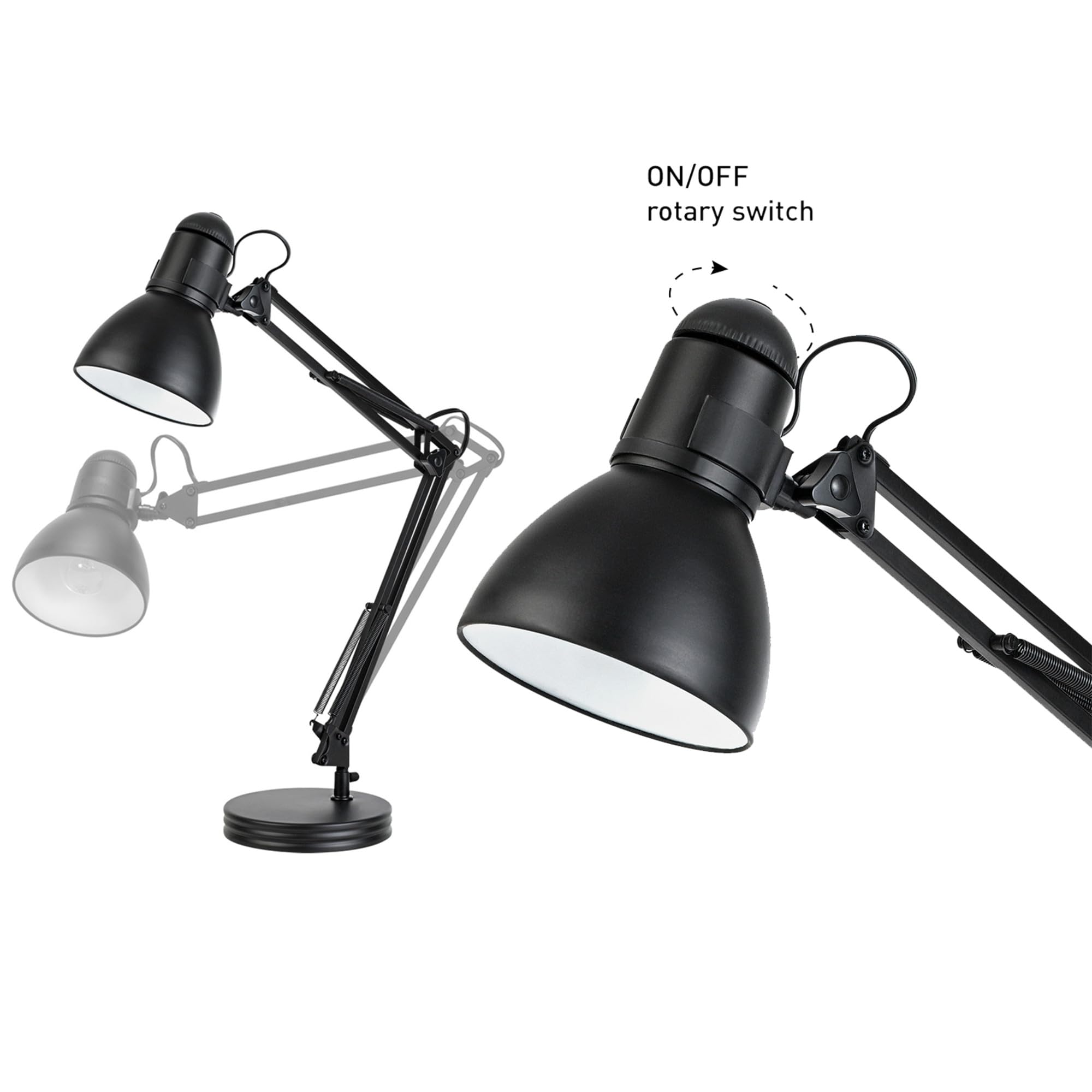 Globe Electric 5698601 28" Heavy Base Top Moving Spring Balanced Swing Arm Desk Lamp, Black, On/Off Rotary Switch on Shade, Home Office Accessories, Lamp for Bedroom, Home Décor, Home Improvement