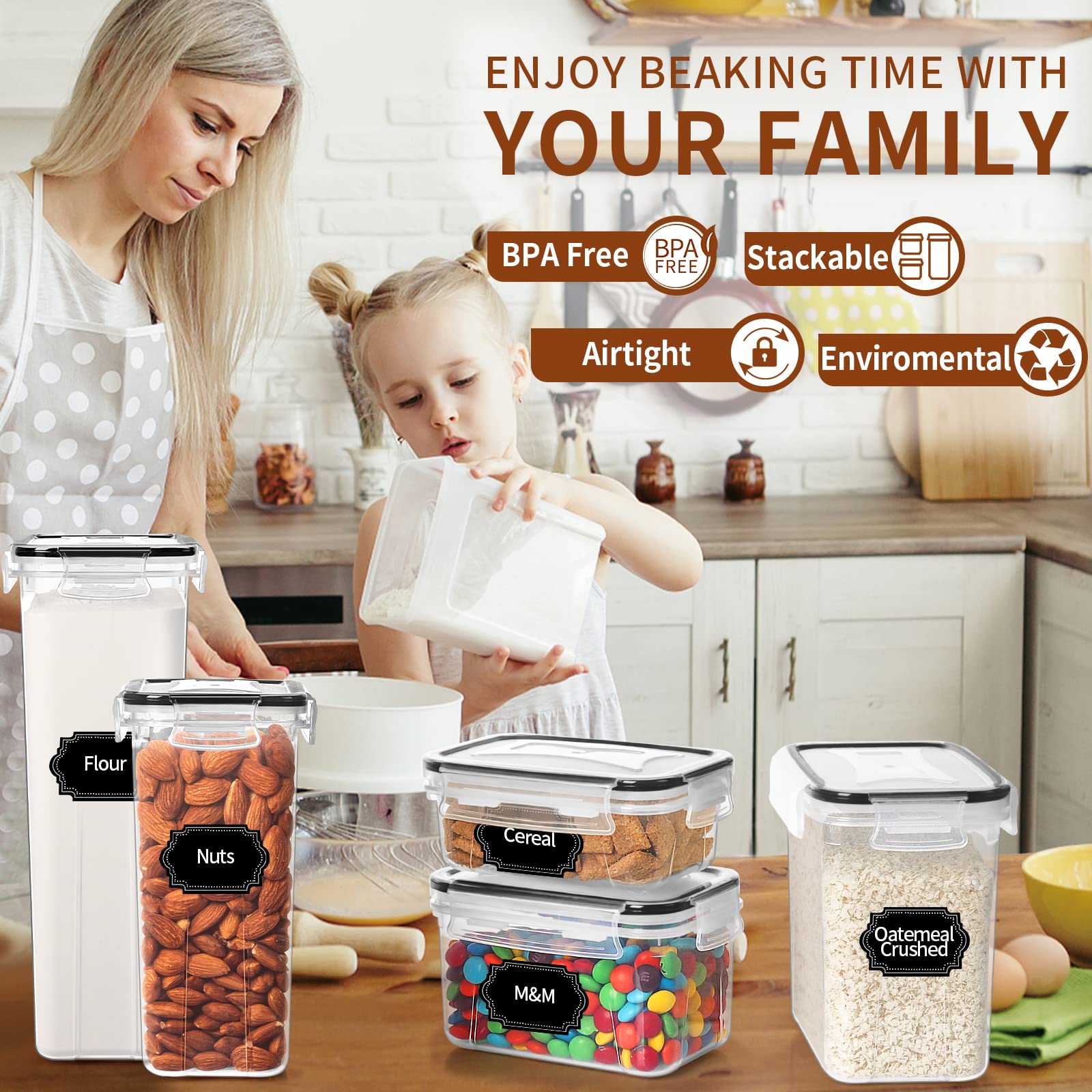 PRAKI Airtight Food Storage Containers with Lids, 12PCS Plastic Kitchen Storage Containers for Pantry Organization and Storage - Cereal, Rice, Flour and Sugar Containers with Labels & Marker