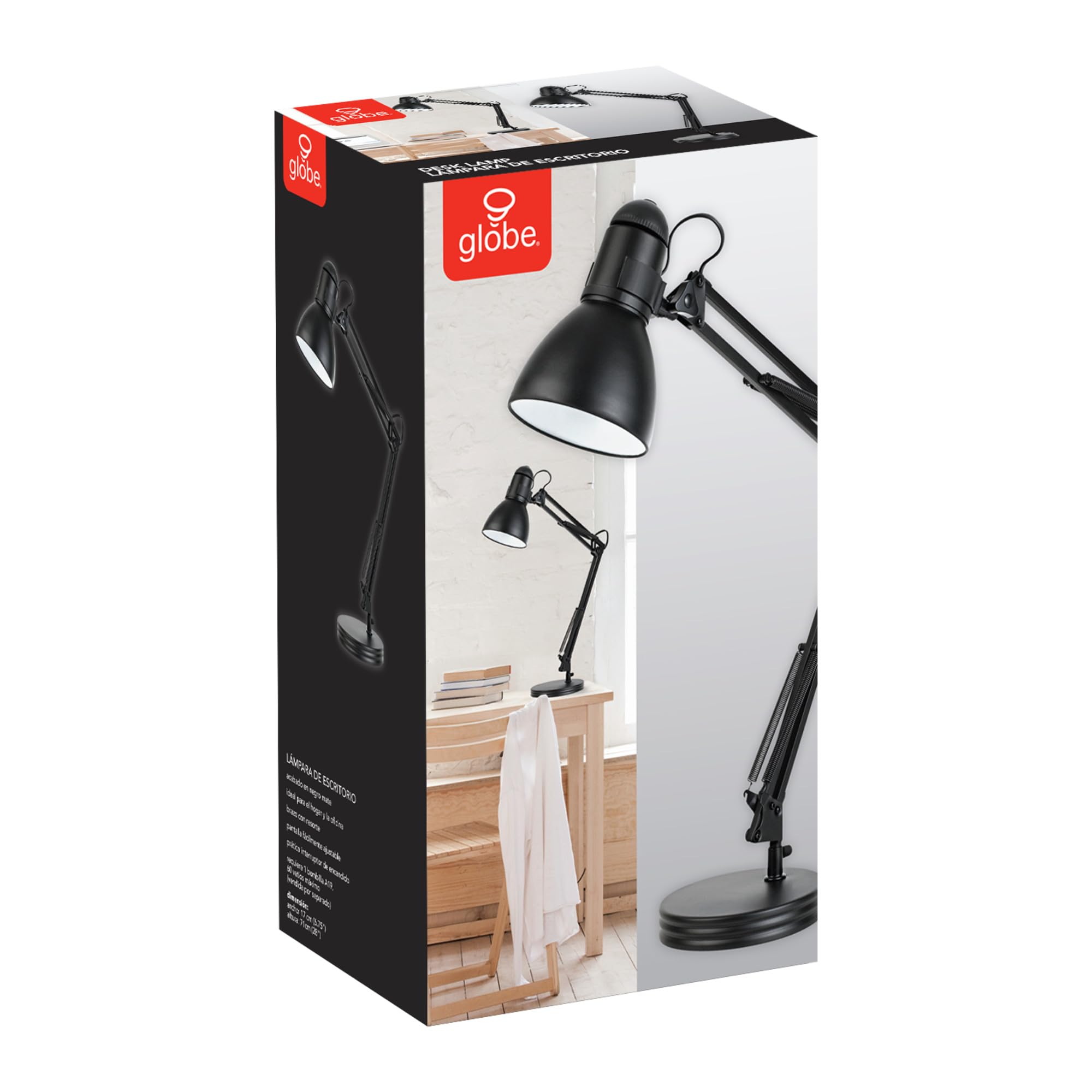 Globe Electric 5698601 28" Heavy Base Top Moving Spring Balanced Swing Arm Desk Lamp, Black, On/Off Rotary Switch on Shade, Home Office Accessories, Lamp for Bedroom, Home Décor, Home Improvement