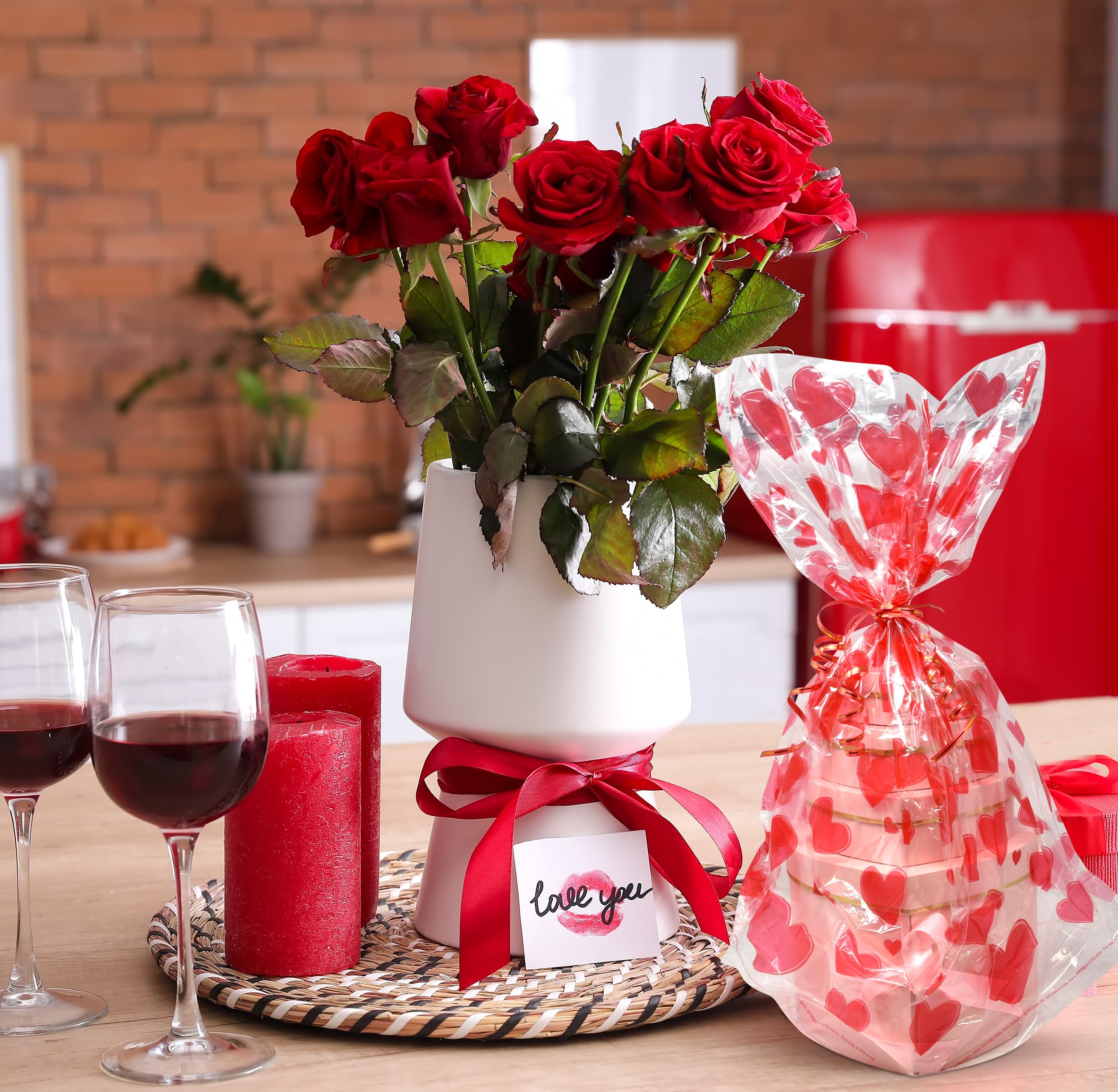 18 Valentine Cellophane Basket Bags with Twist Ties 22" x 25" Jumbo Large Valentines Day Red Heart Gift Wrap Clear Cello Plastic Bag for Baskets
