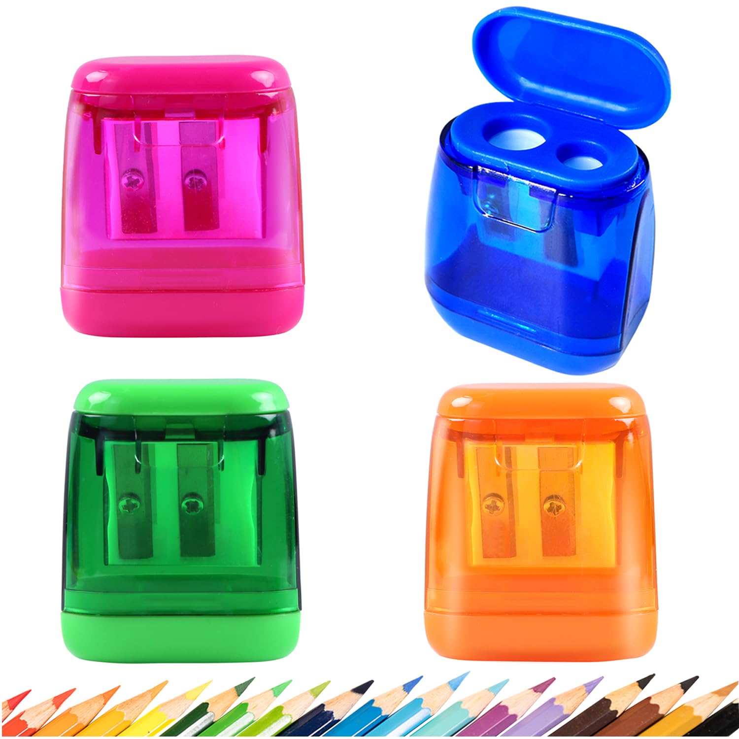 Pencil Sharpener, Manual Pencil Sharpeners, 4PCS Colorful Compact Dual Holes Pencil Sharpeners with Lid, Colored Pencil Sharpener for Kids & Adults, Portable Pencil Sharpener for Travel School Office