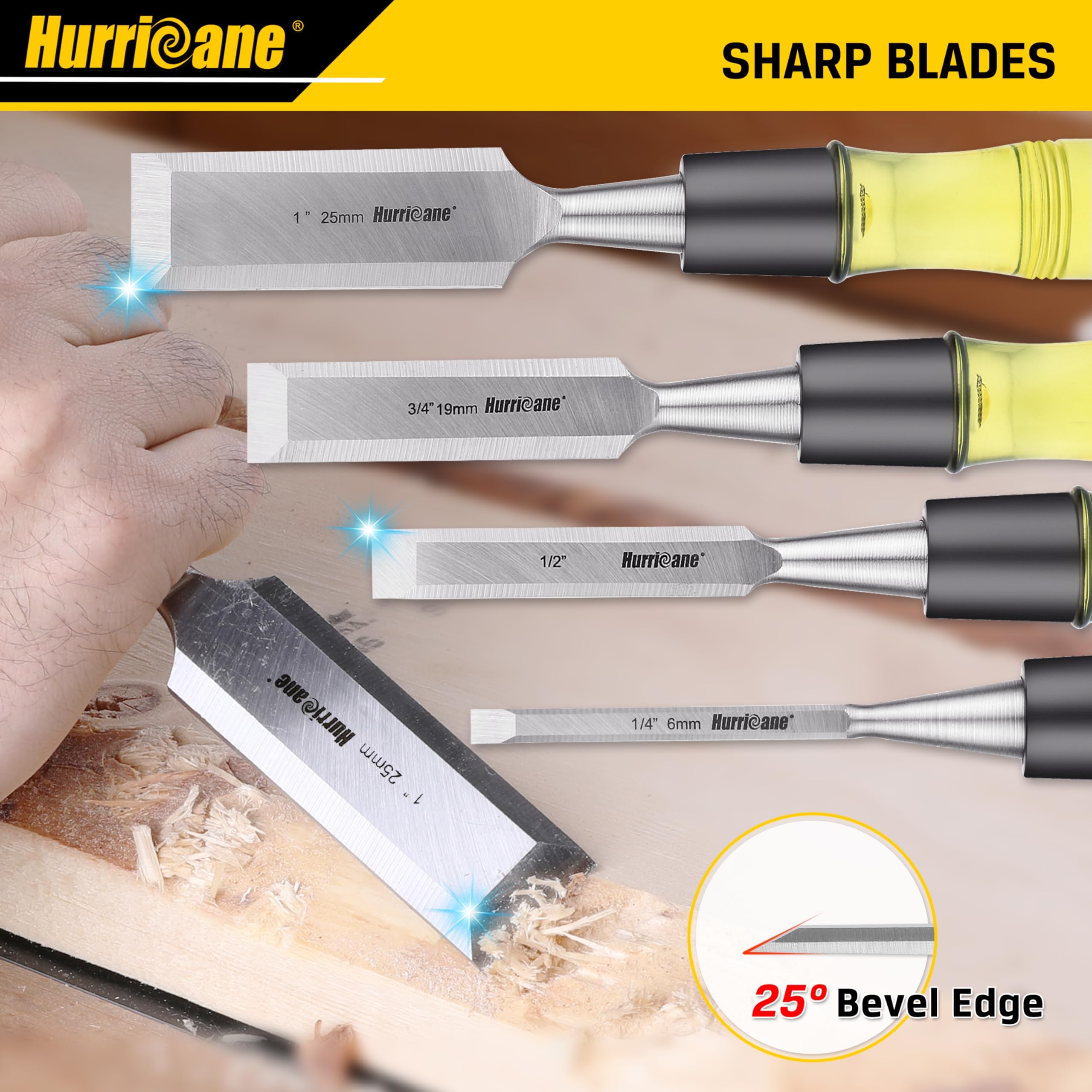 Hurricane 4 Piece Wood Chisel Set for Woodworking, CR-V Steel Beveled Edge Blade, Durable PVC High Impact Handle Wood Chisel