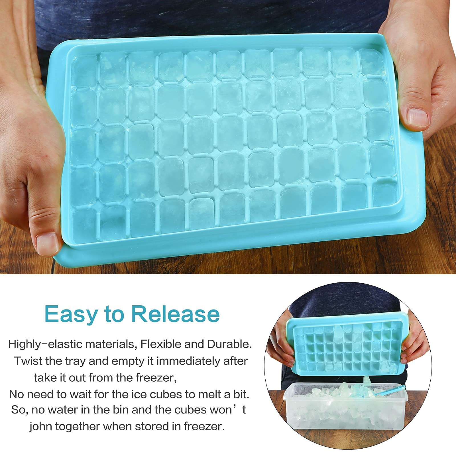 ARTLEO Ice Cube Tray with Lid and Storage Bin for Freezer, Easy-Release 55 Mini Nugget Ice Tray with Spill-Resistant Cover, Container, Scoop, Flexible Durable Plastic Ice Mold & Bucket, BPA Free