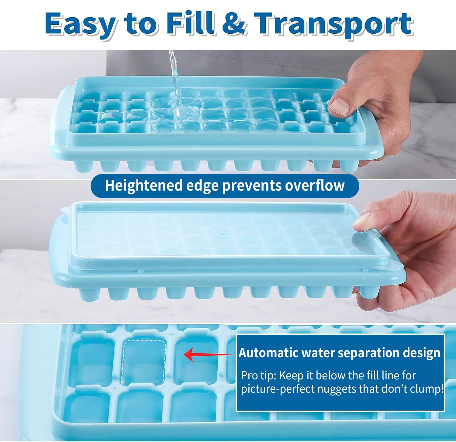 ARTLEO Ice Cube Tray with Lid and Storage Bin for Freezer, Easy-Release 55 Mini Nugget Ice Tray with Spill-Resistant Cover, Container, Scoop, Flexible Durable Plastic Ice Mold & Bucket, BPA Free