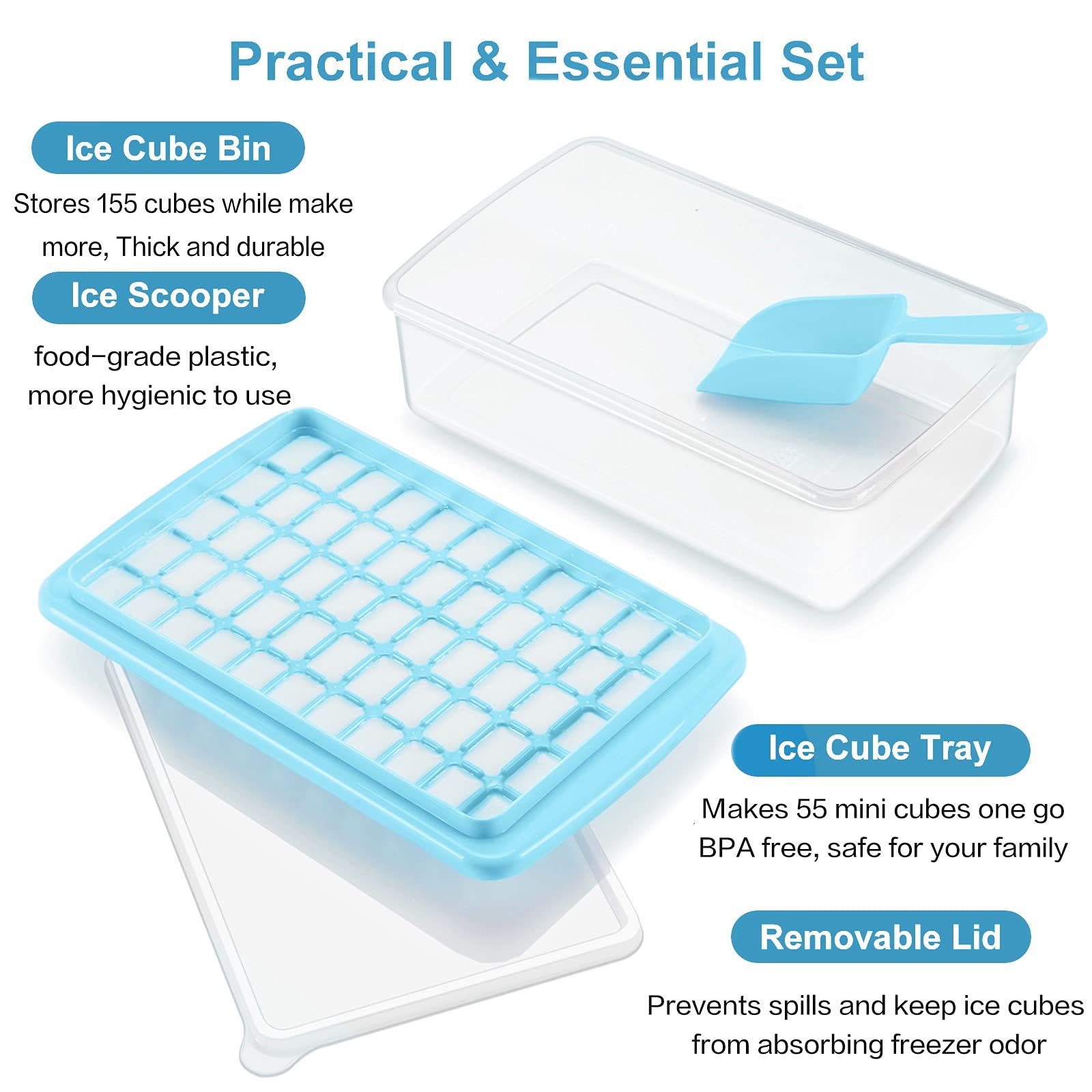 ARTLEO Ice Cube Tray with Lid and Storage Bin for Freezer, Easy-Release 55 Mini Nugget Ice Tray with Spill-Resistant Cover, Container, Scoop, Flexible Durable Plastic Ice Mold & Bucket, BPA Free