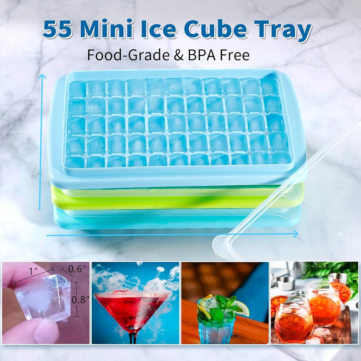 ARTLEO Ice Cube Tray with Lid and Storage Bin for Freezer, Easy-Release 55 Mini Nugget Ice Tray with Spill-Resistant Cover, Container, Scoop, Flexible Durable Plastic Ice Mold & Bucket, BPA Free